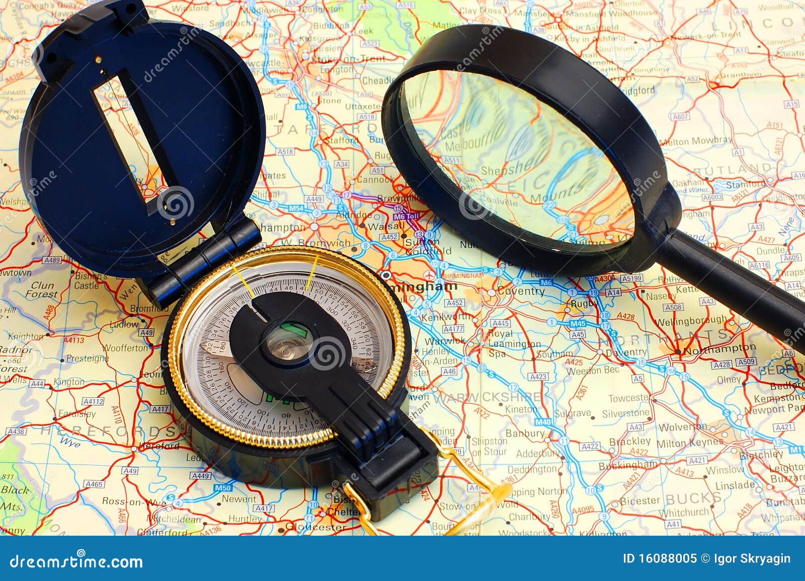 Compass on a map stock image. Image of england, close - 16088005