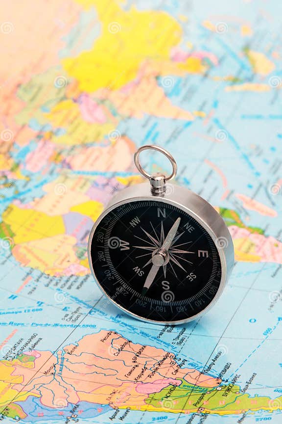 Compass and map. stock image. Image of destinations, close - 9069607