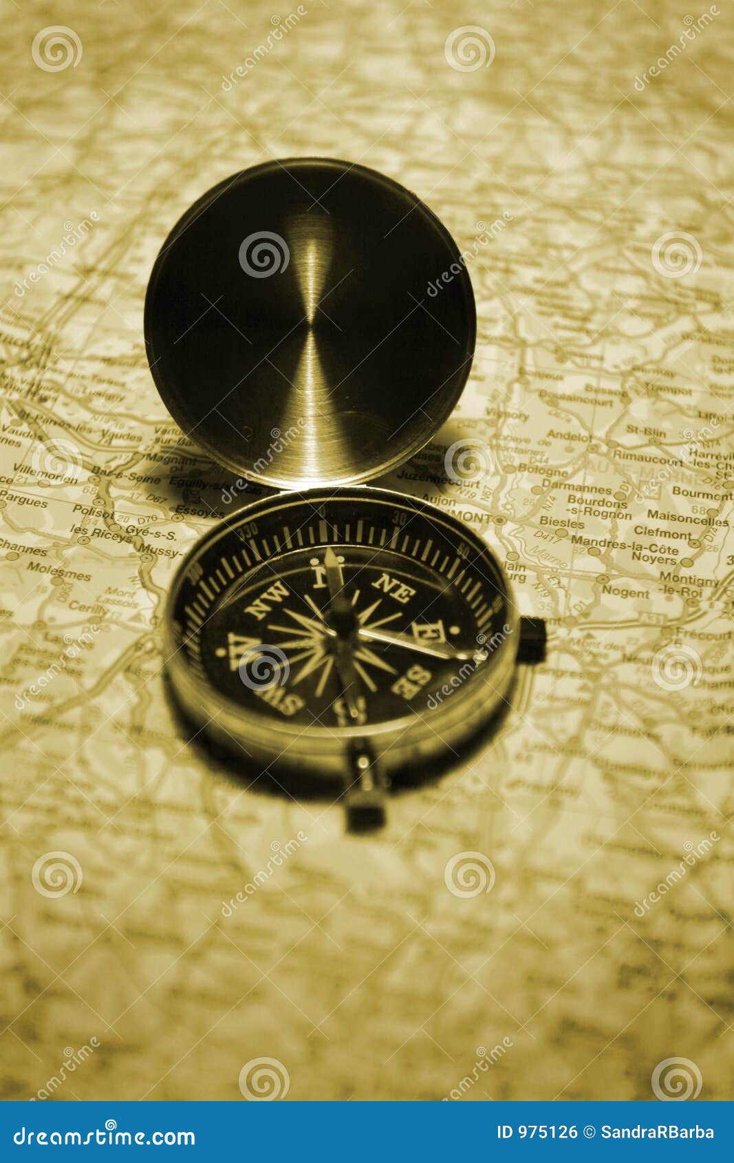 Compass on a map stock photo. Image of south, symbol, tour - 975126