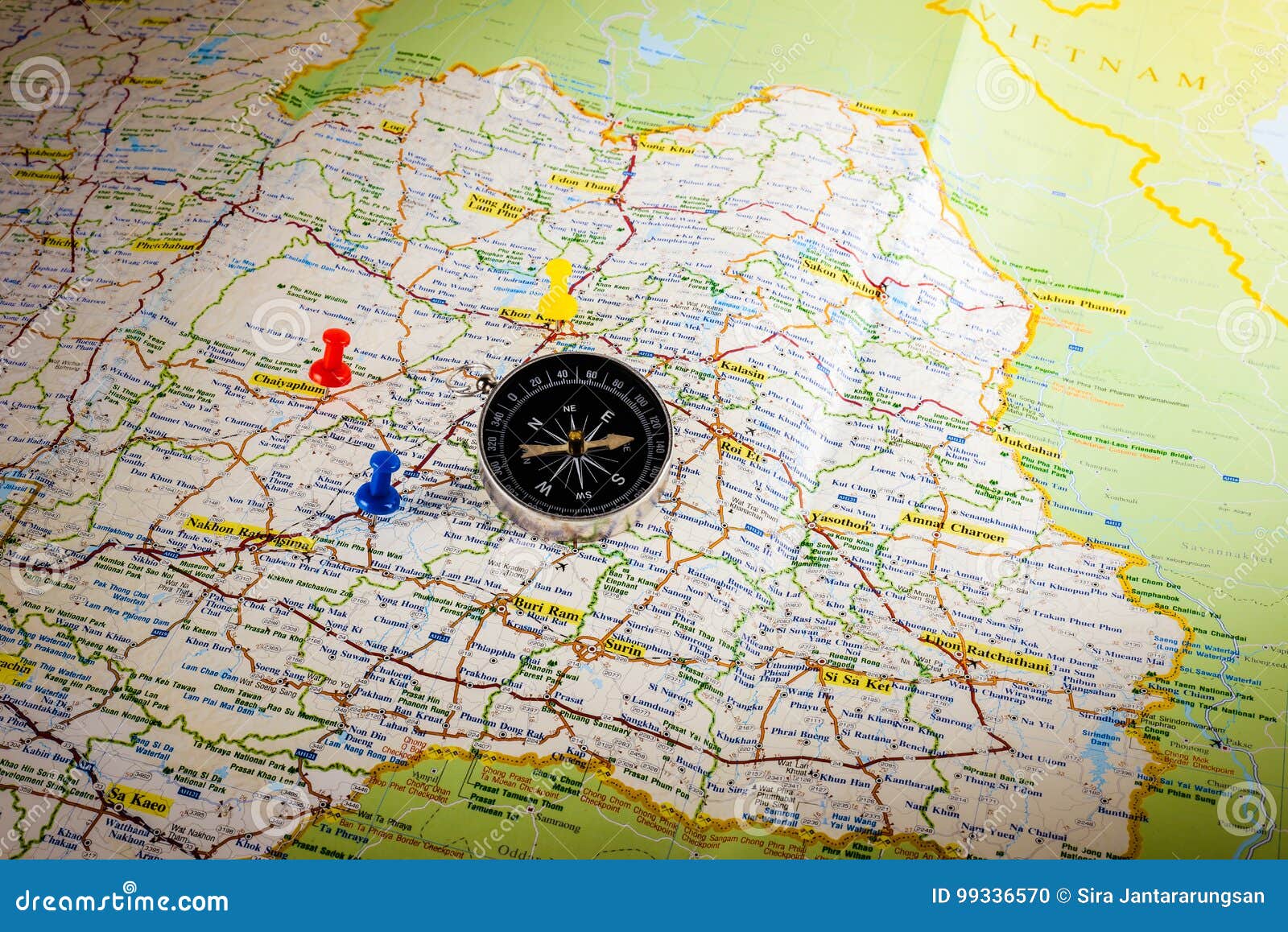 Compass on Map with Colorful Pin Stock Photo - Image of travel ...