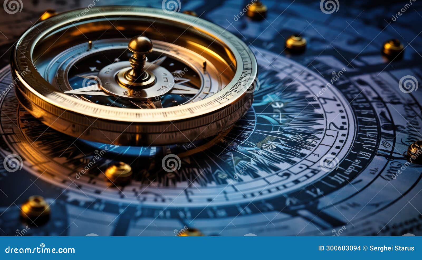 A Compass on a Map with Gold Colored Buttons and Numbers, AI Stock ...