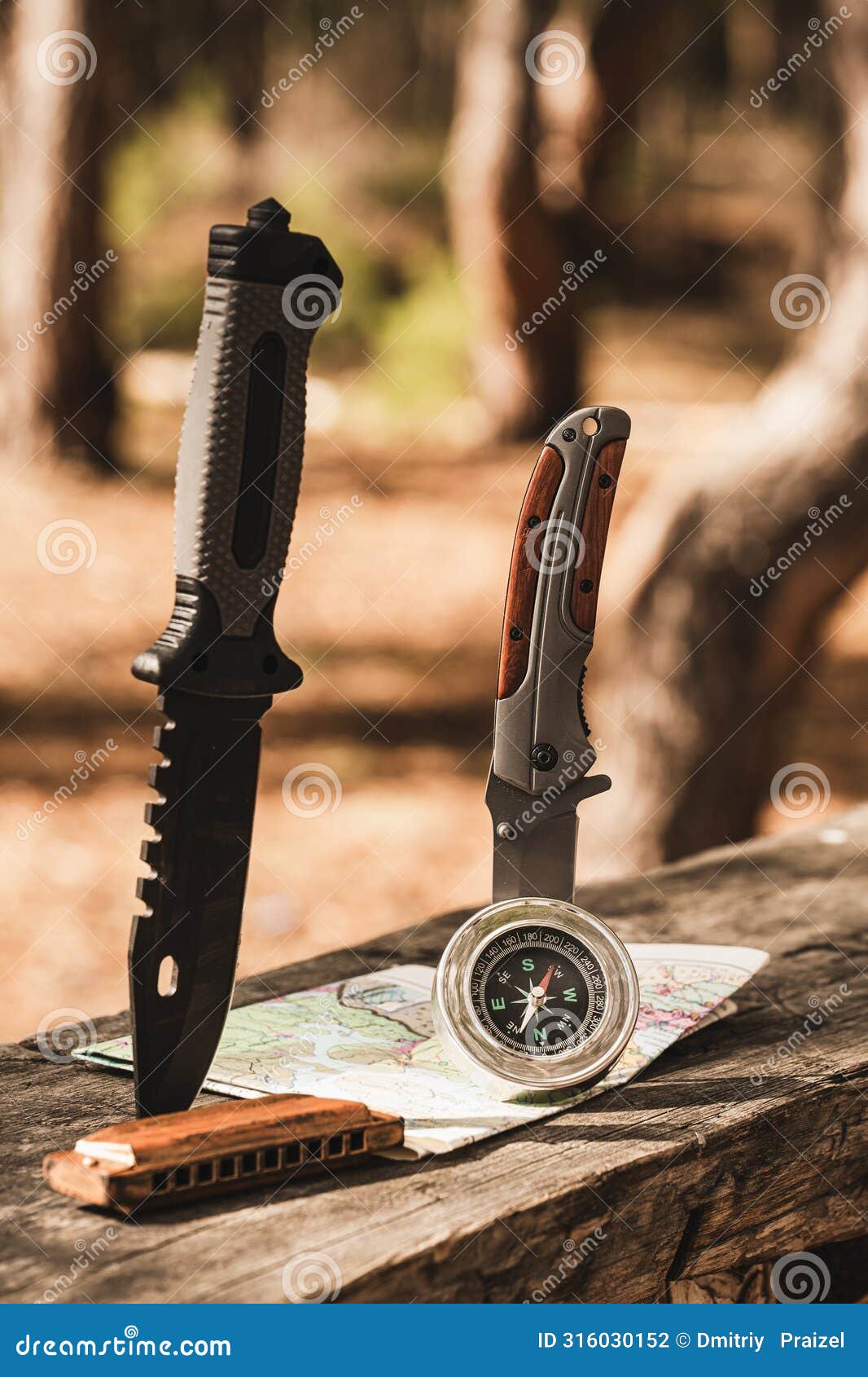 Compass, Map, Harmonica and Knife on a Wooden Table in the Woods ...