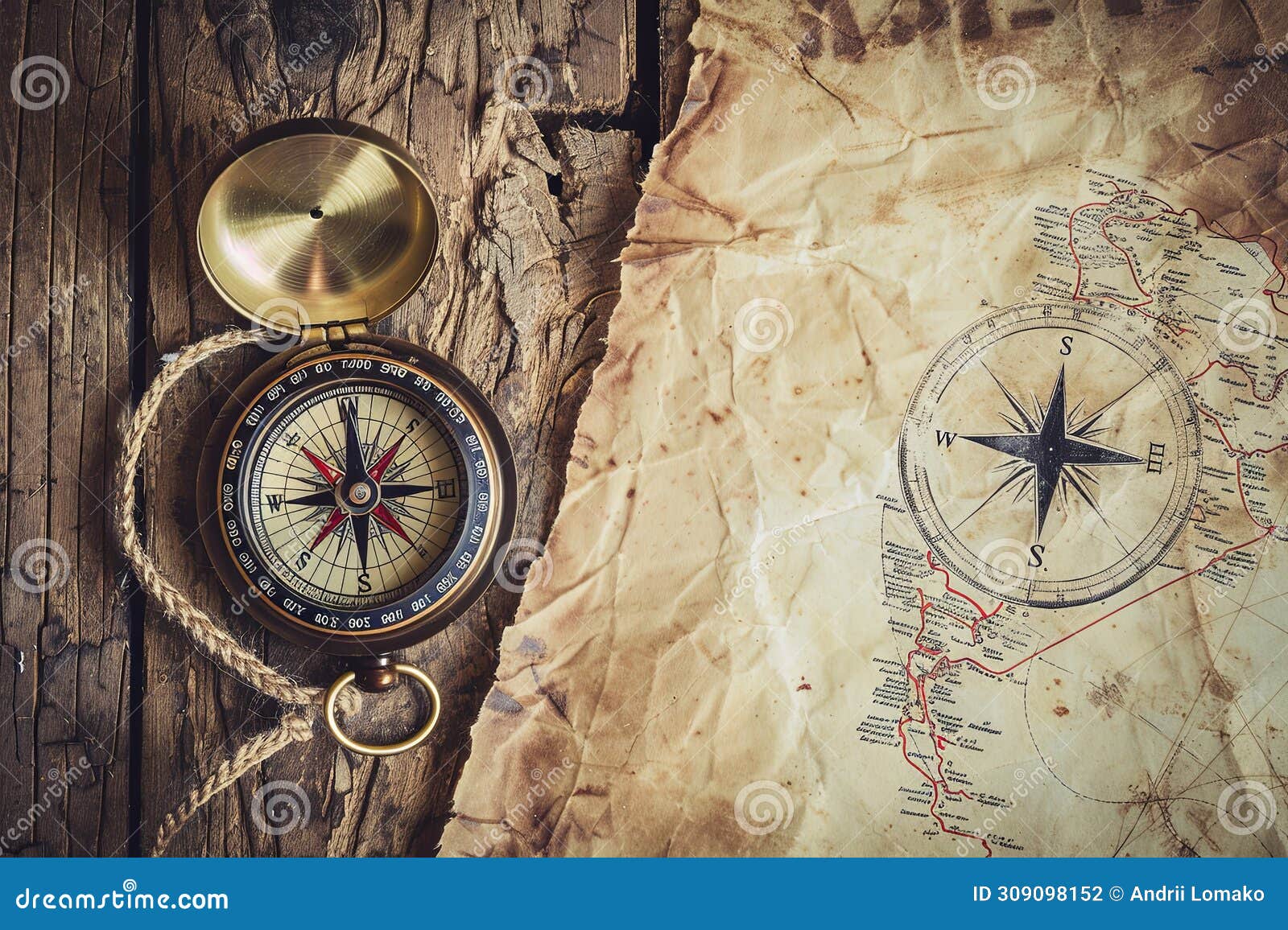 Compass and Map on Paper stock photo. Image of explore - 309098152