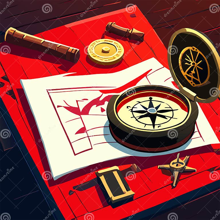 Compass and Map on the Table. Vector Illustration in Retro Style ...