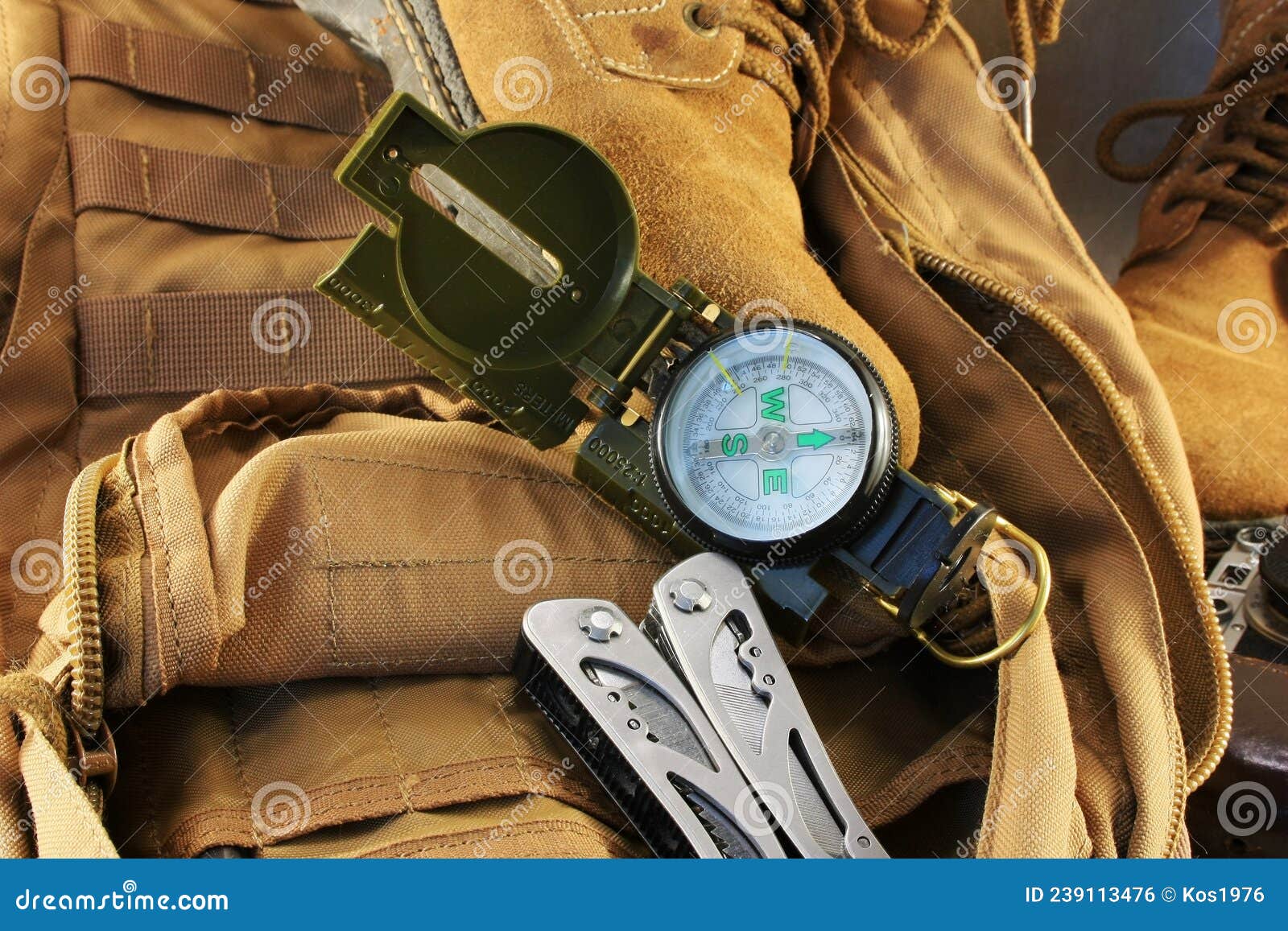 Compass and Multitool are on the Backpack Stock Photo - Image of ...