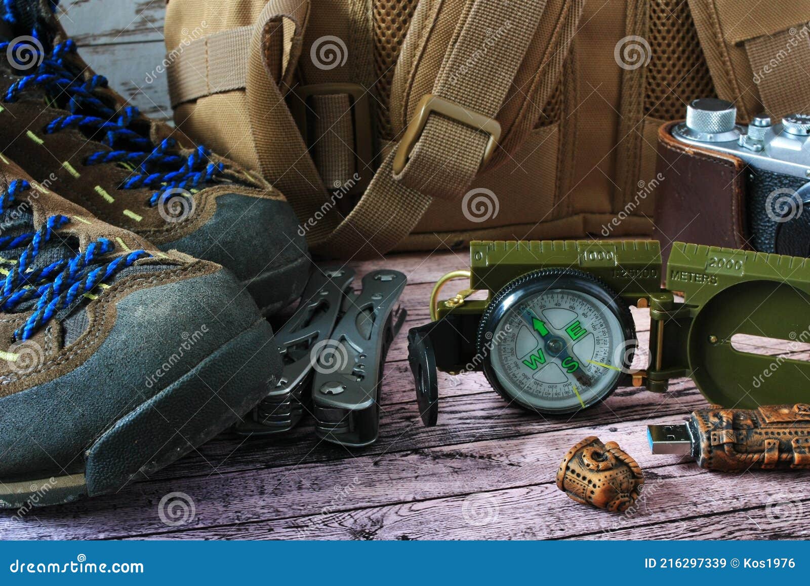 Compass, Multitool and Backpack for Hiking Stock Image - Image of auto ...