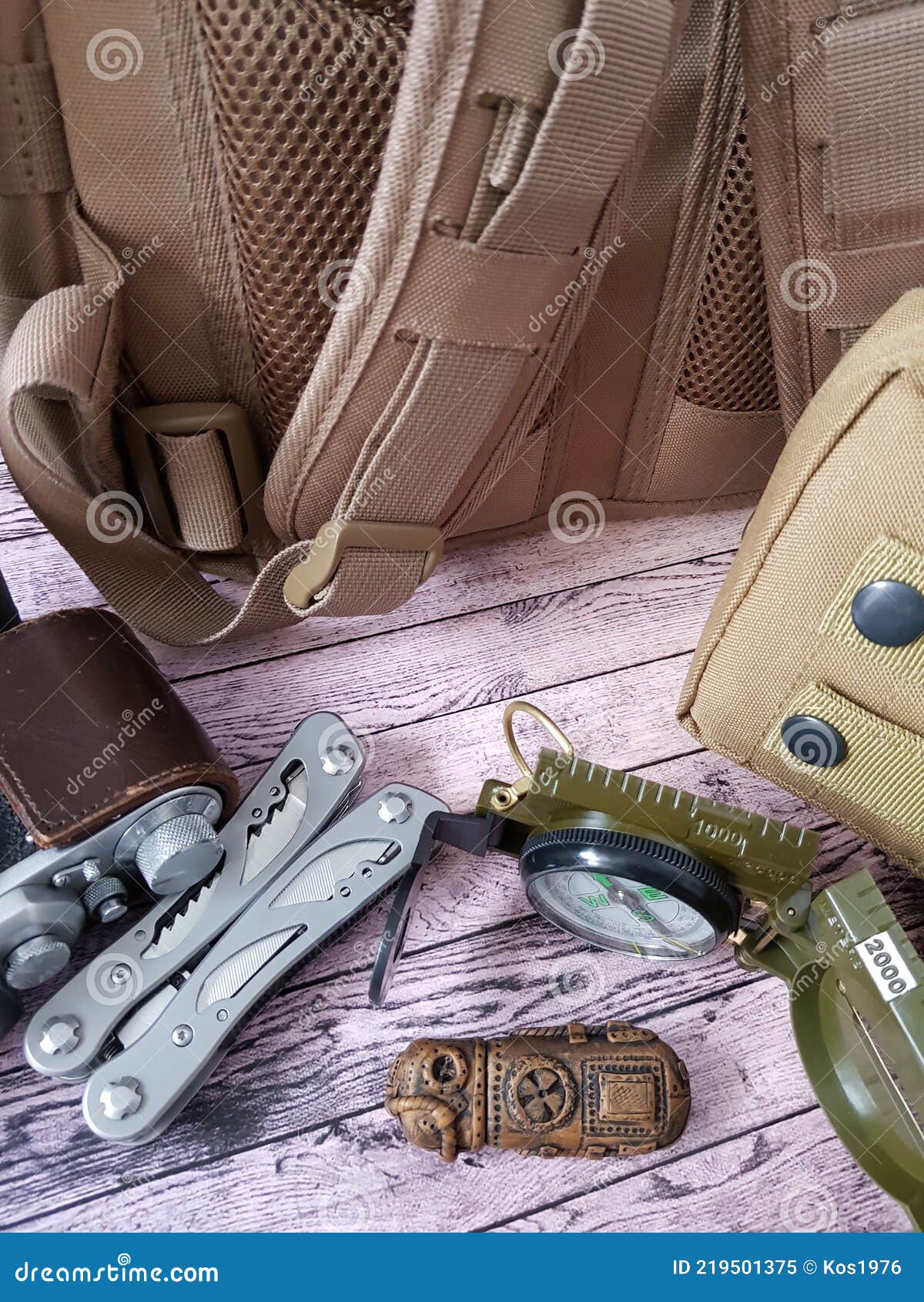 Compass, Multitool and Backpack for Hiking Stock Image - Image of ...
