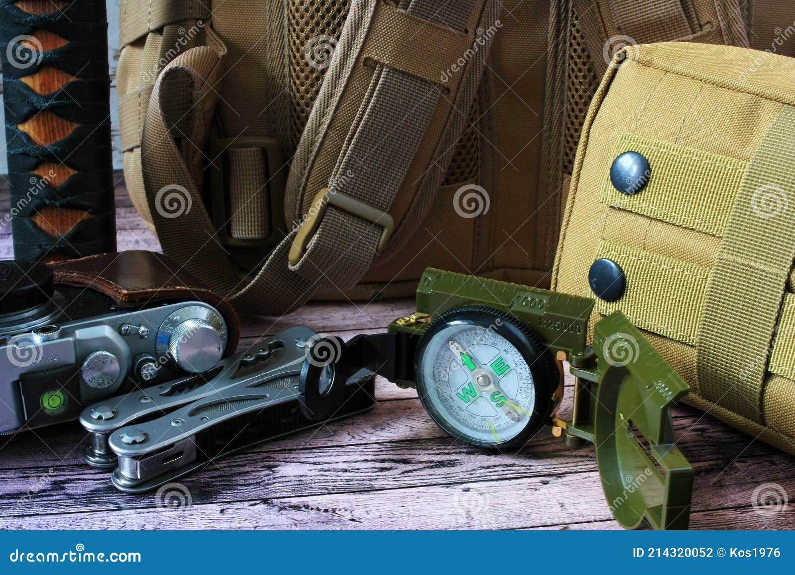 Compass, Multitool and Backpack for Hiking Stock Photo - Image of clock ...