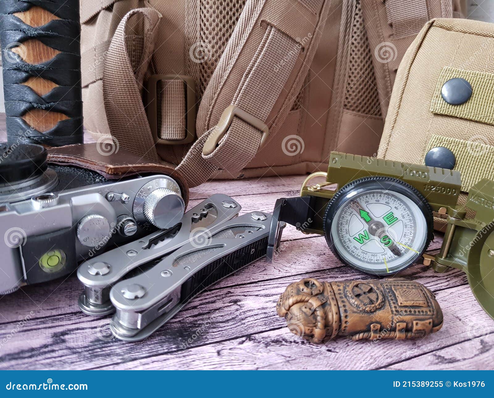 Compass, Multitool and Backpack for Hiking Stock Image - Image of ...