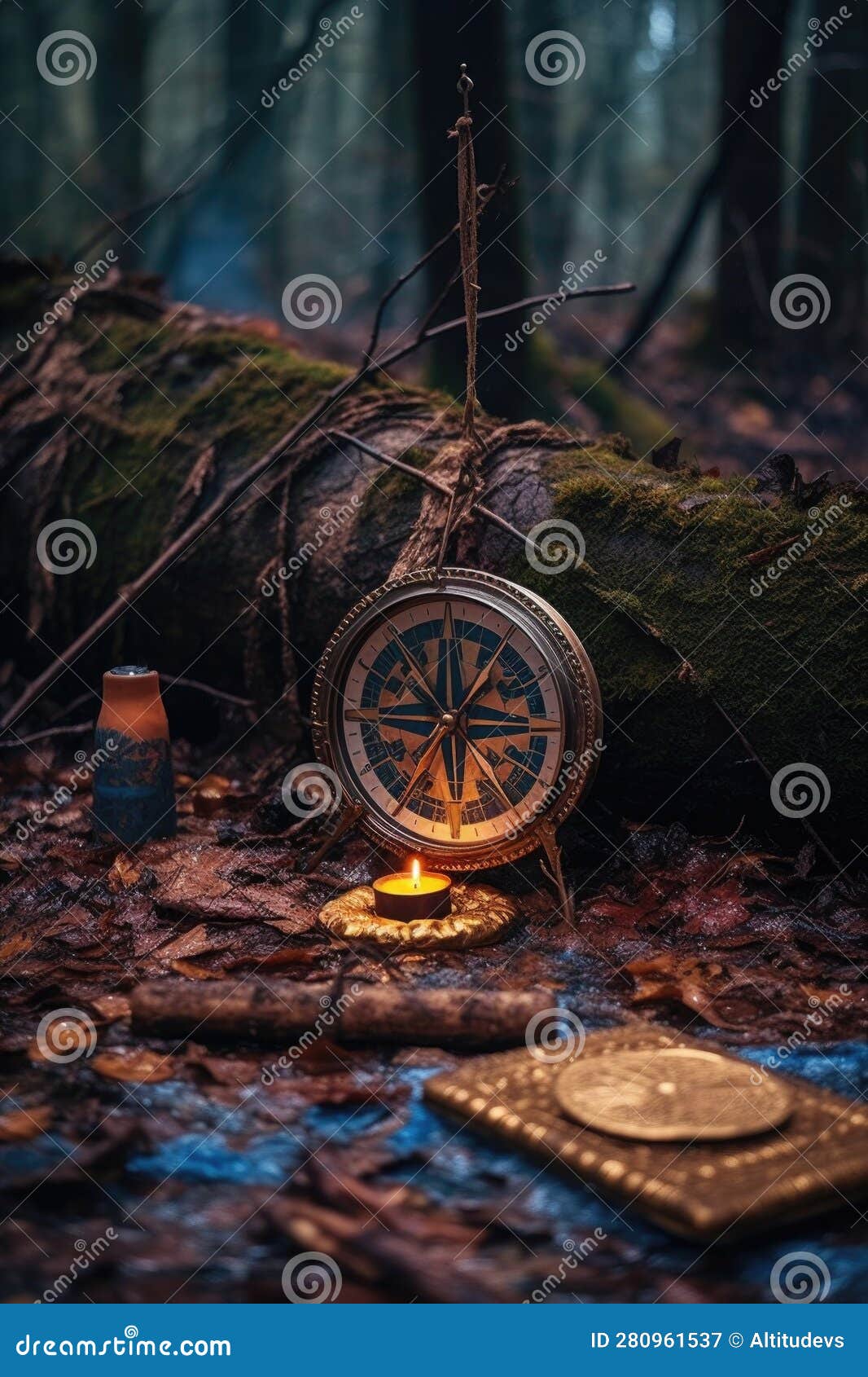Compass Next To a Campfire in a Forest Stock Illustration ...