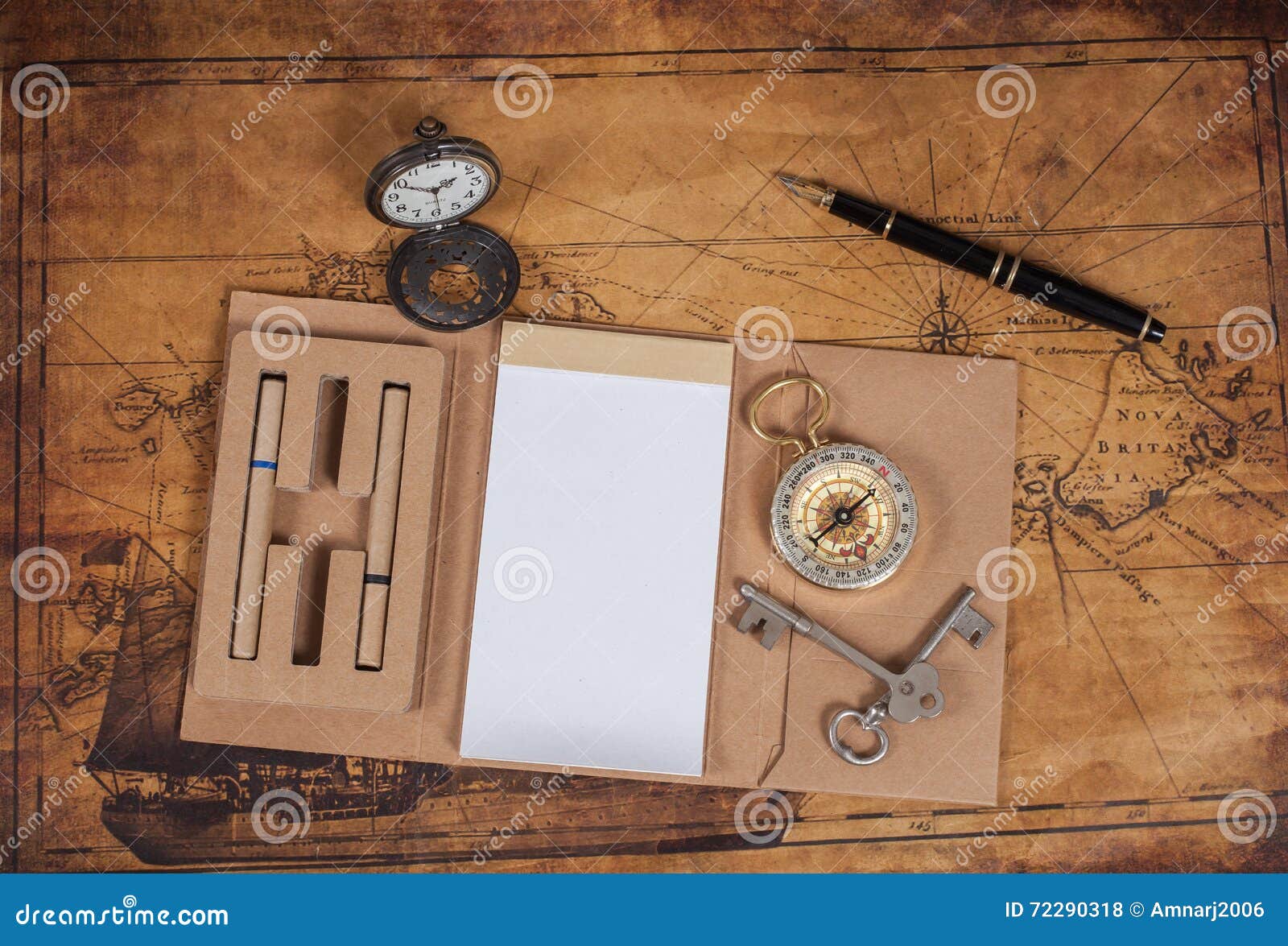 Compass with Note Book on Old Map Vintage Process Stock Photo - Image ...