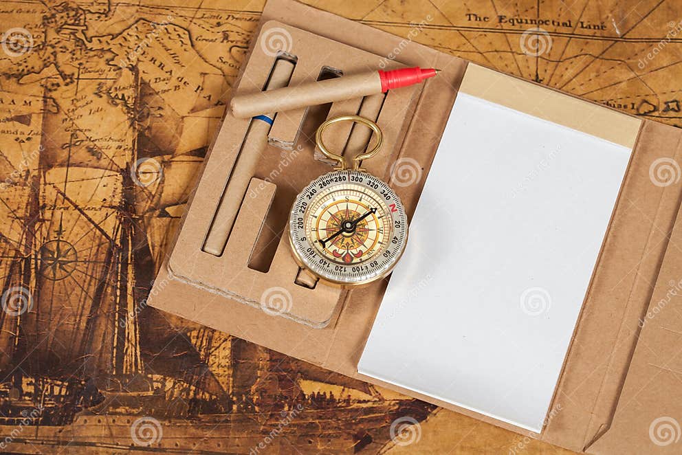 Compass with Note Book on Old Map Vintage Stock Photo - Image of ...