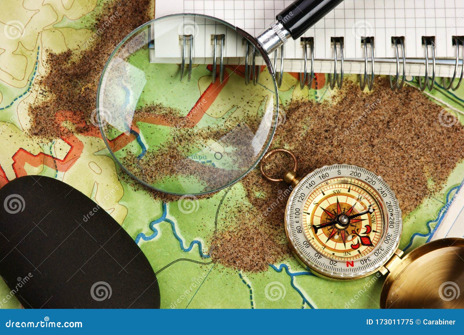 Compass and Notebook on the Map with Sand Stock Image - Image of ...