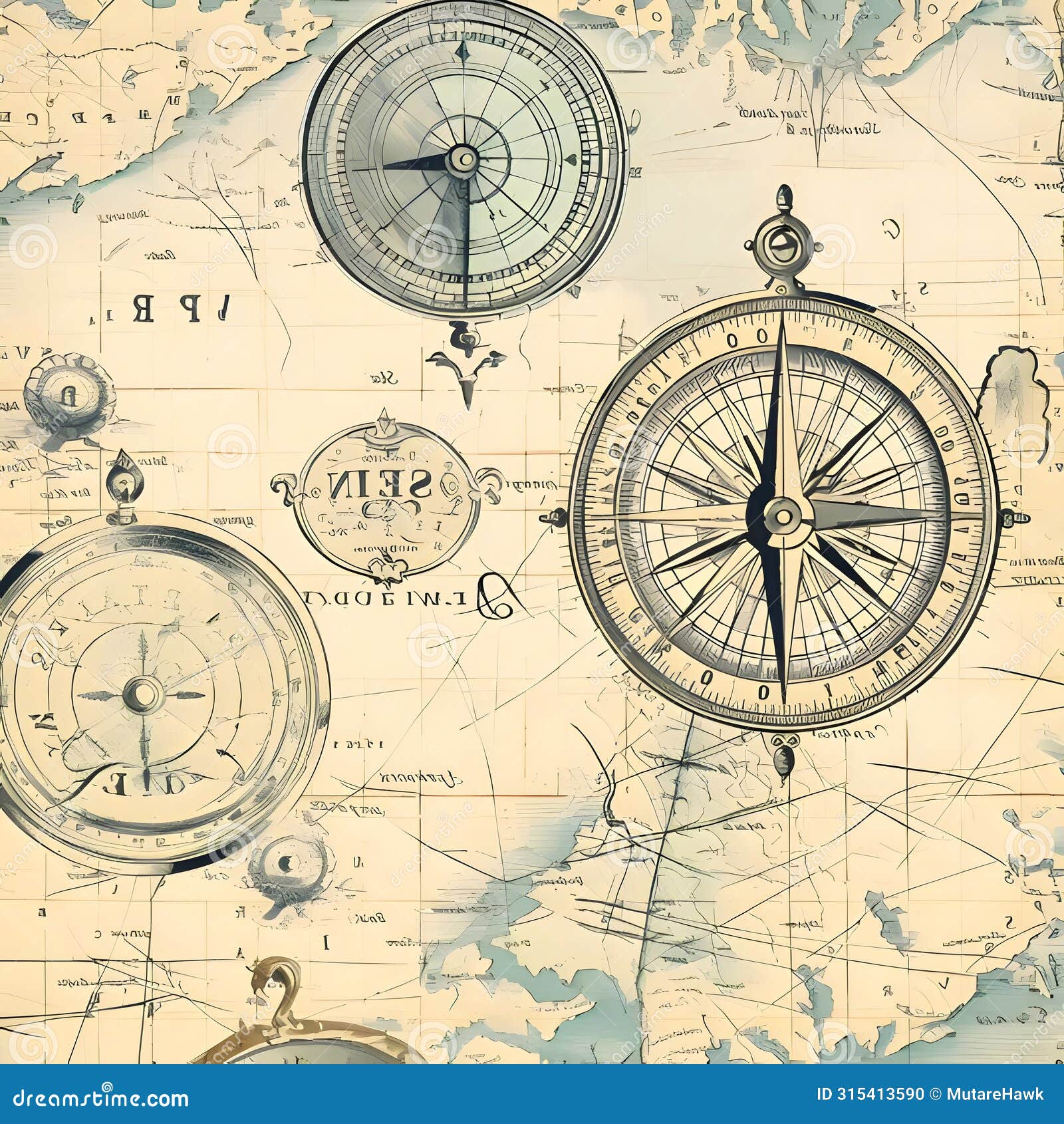 Compass on Old Map Background. Vintage Style Toned Picture Stock Vector ...