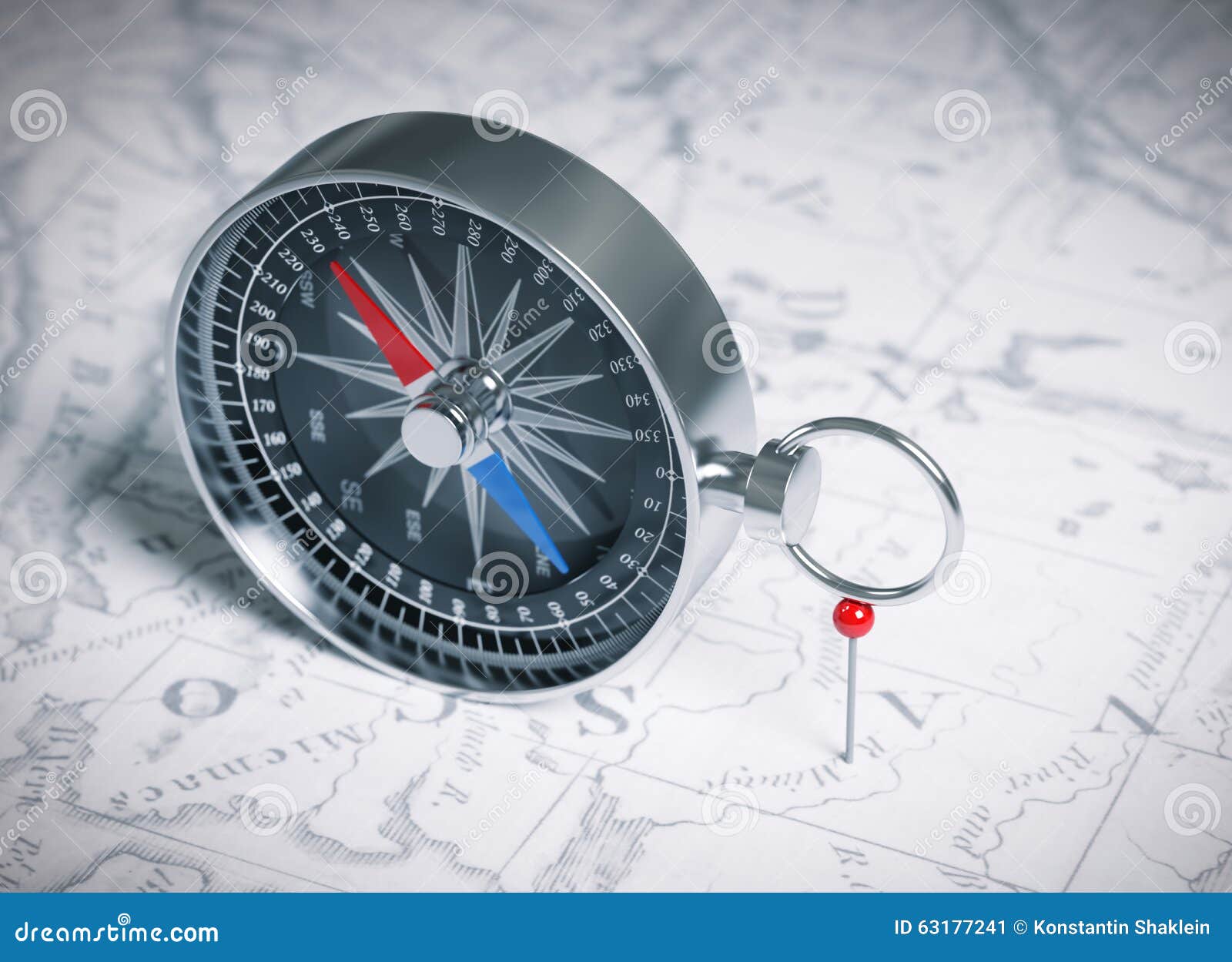 Compass Over Map and Red Pin Stock Illustration - Illustration of ...