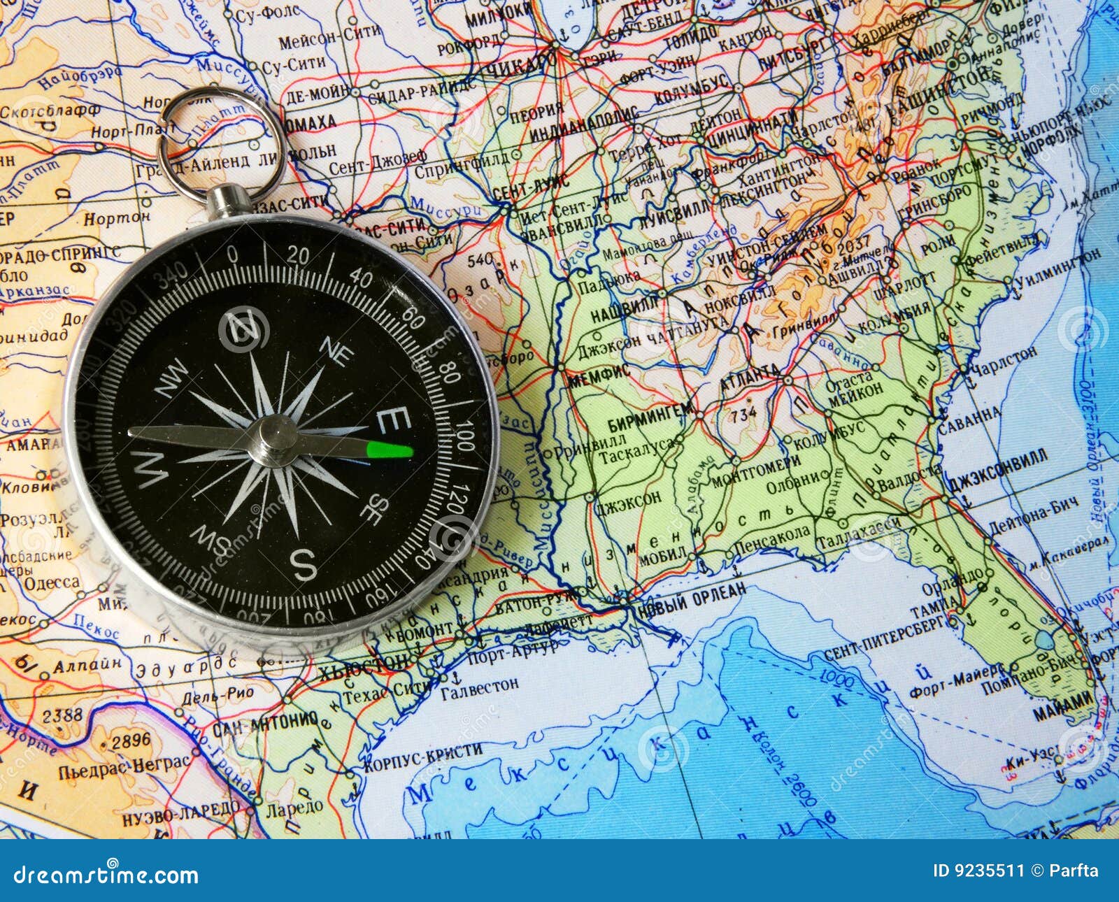 Compass over map of USA stock image. Image of latitude - 9235511