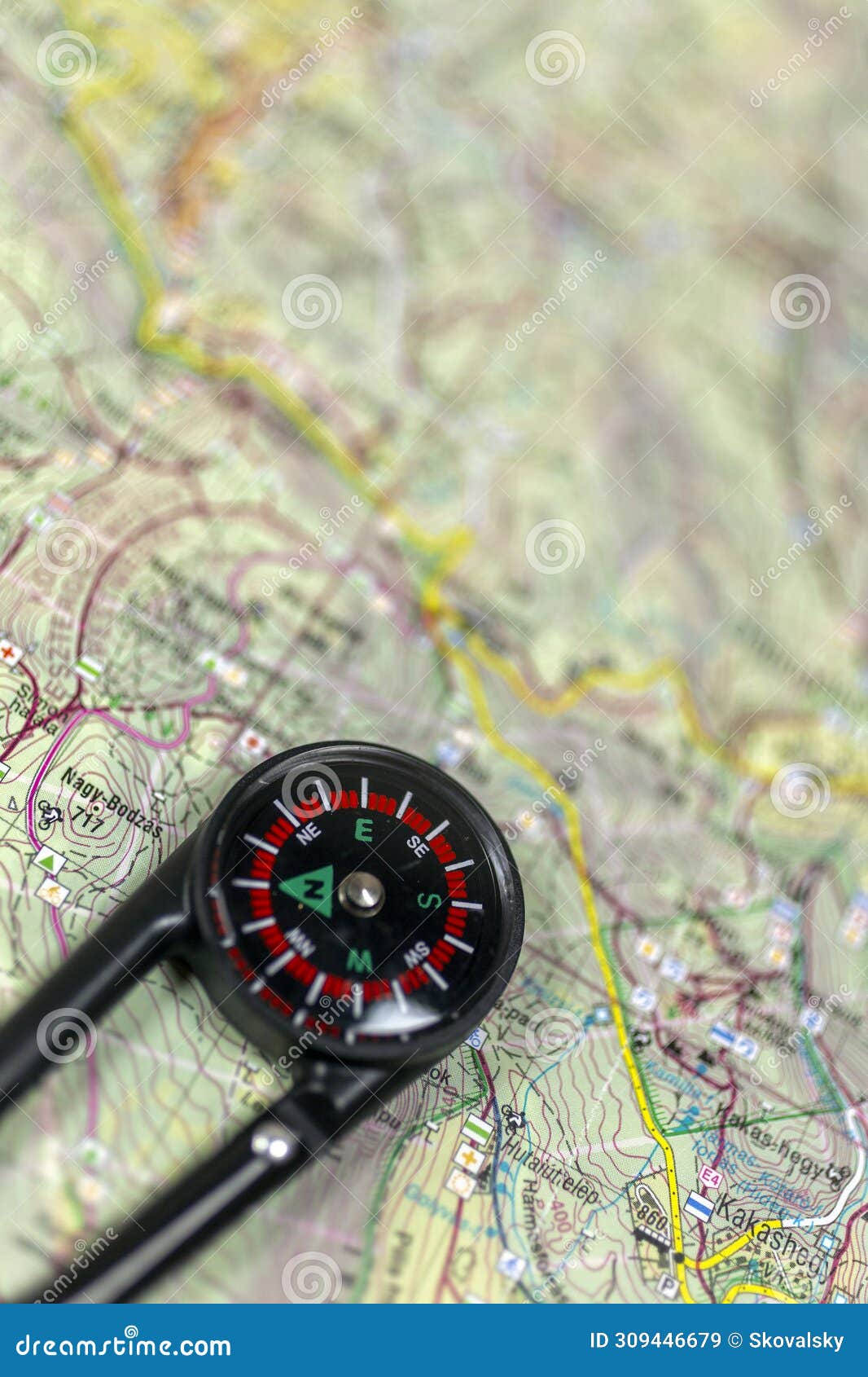 Compass on a paper map stock image. Image of world, cartography - 309446679