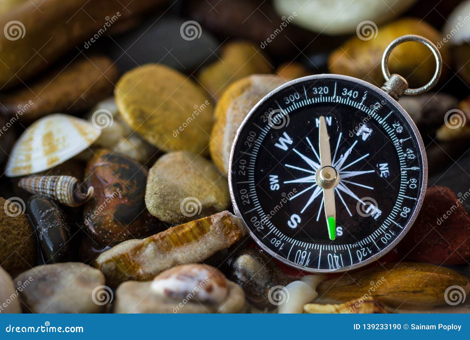 Compass on the Pebbles and Shell at Riverside. Stock Photo - Image of ...