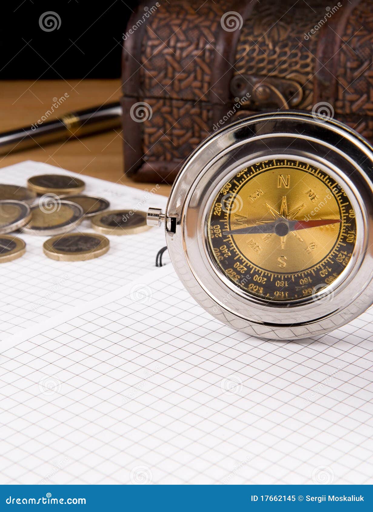 Compass, Pen and Coin on Notebook Stock Image - Image of page, chest ...