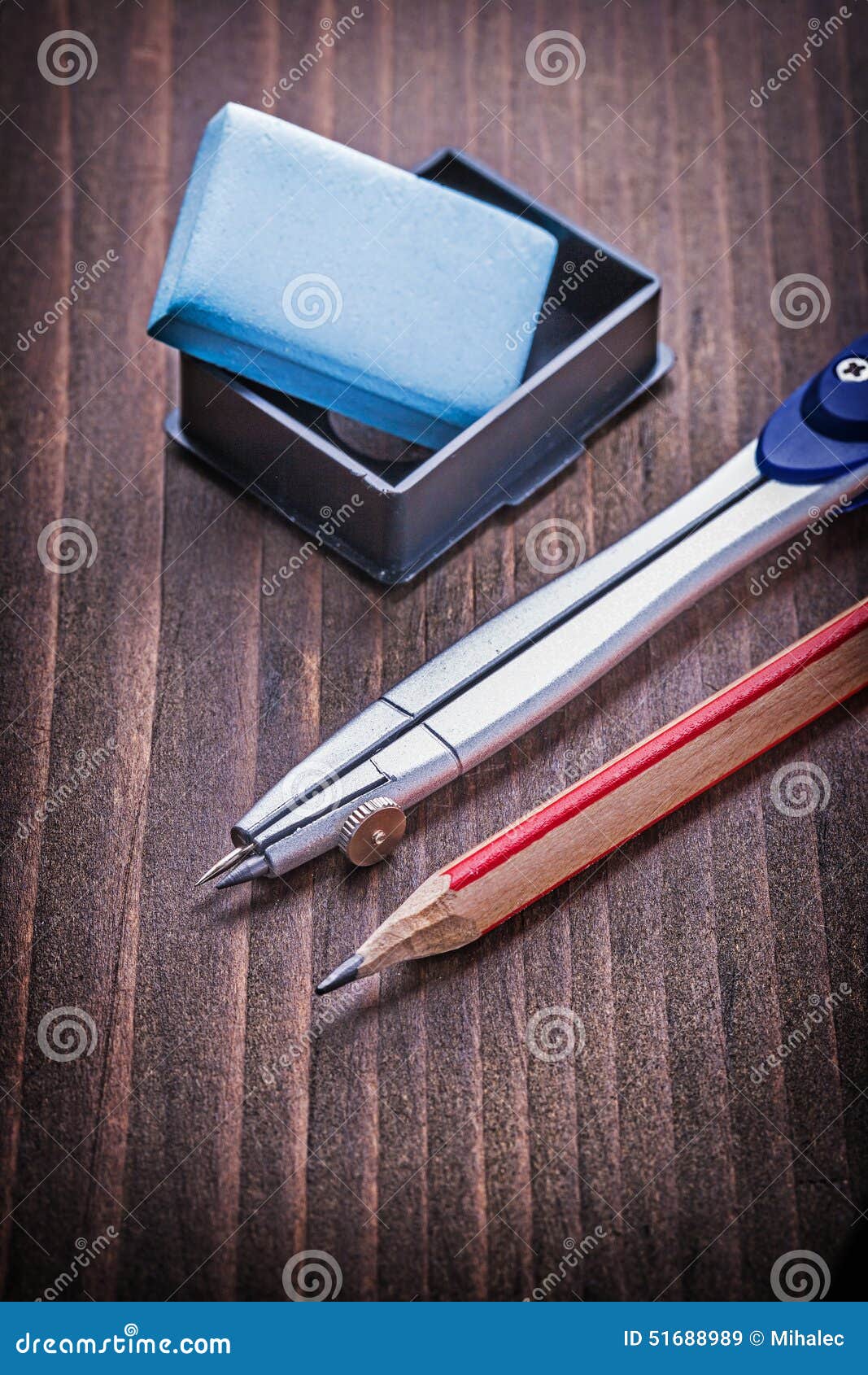 Compass and Pencil Eraser on Vintage Wooden Board Stock Image - Image ...
