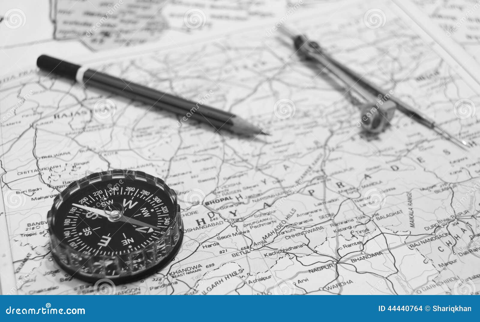 Compass and Pencil on the Map Stock Photo - Image of magnetic, graphite ...