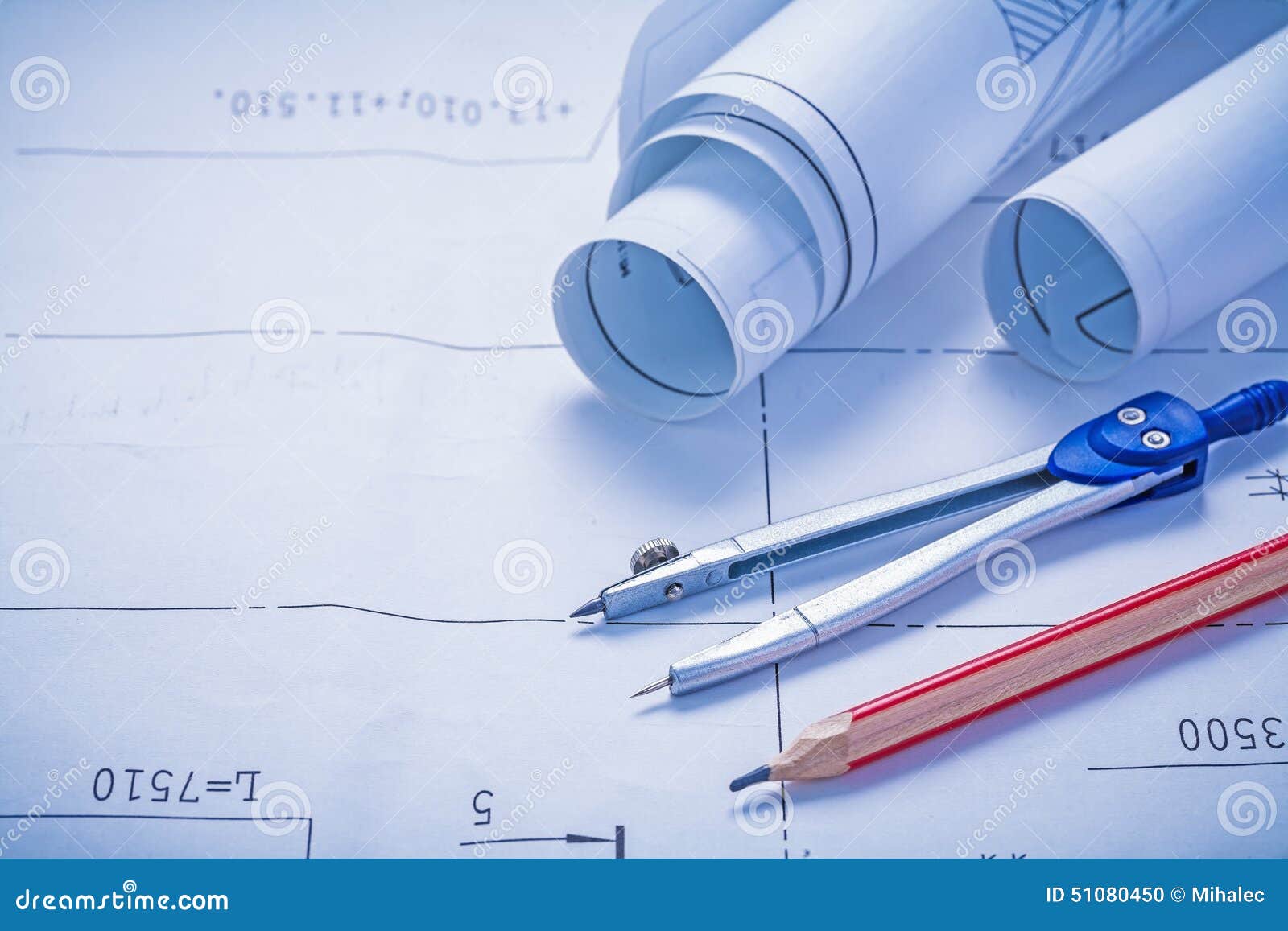 Compass Pencil and Two Rolled Up White Blueprints Stock Photo - Image ...