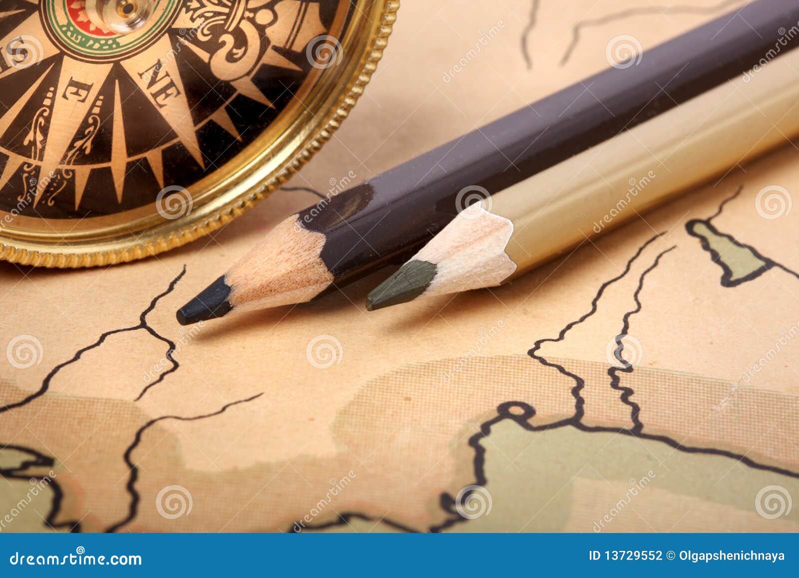 Compass and Pencils on Old Map Stock Photo - Image of beige ...