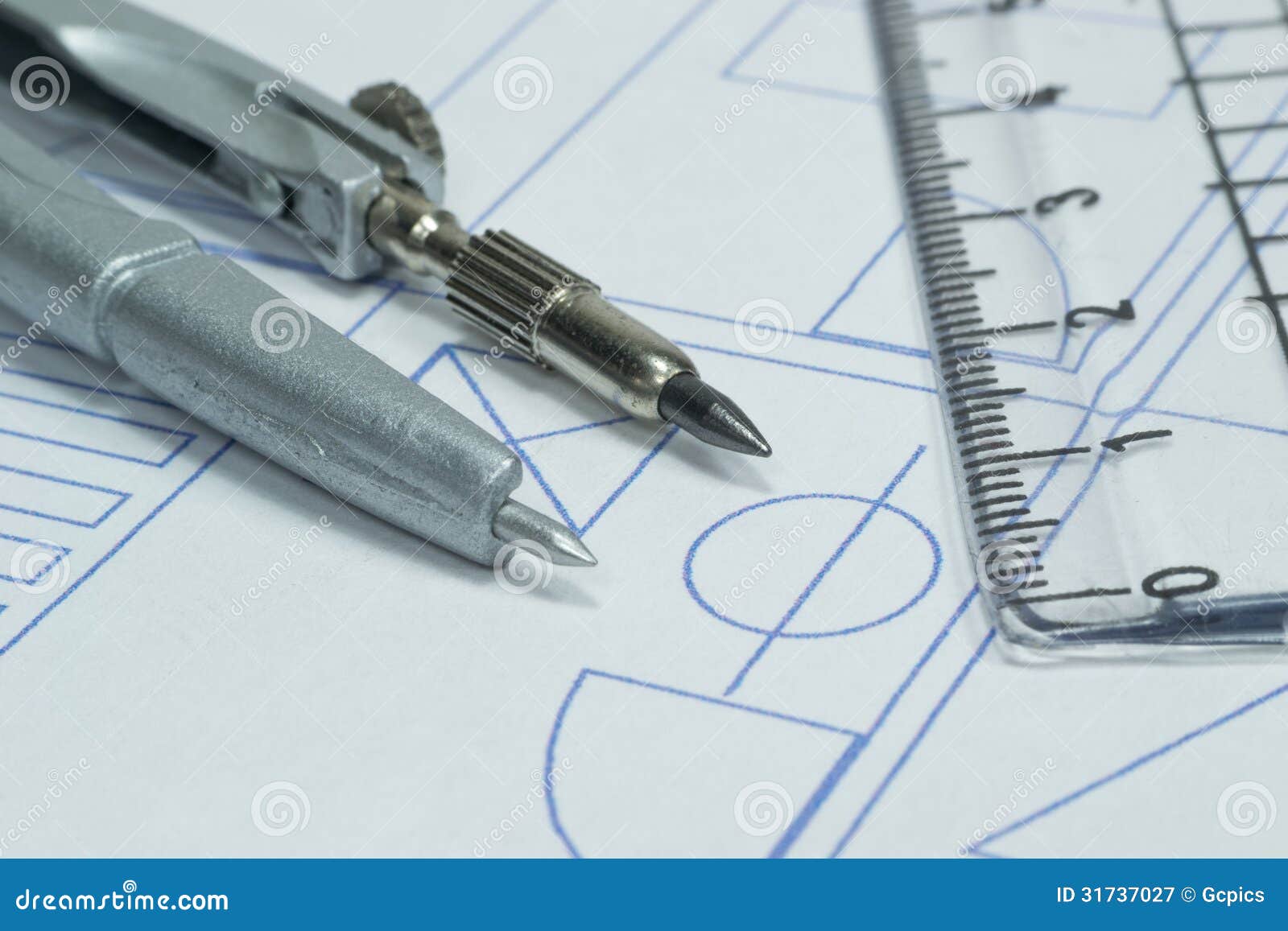 Compass on plans stock image. Image of office, architecture - 31737027