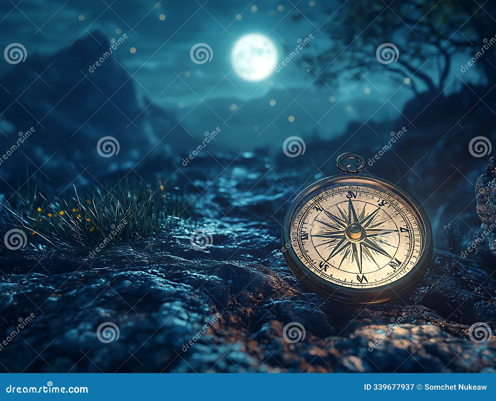 Compass on a Rocky Path Under a Full Moon Stock Illustration ...