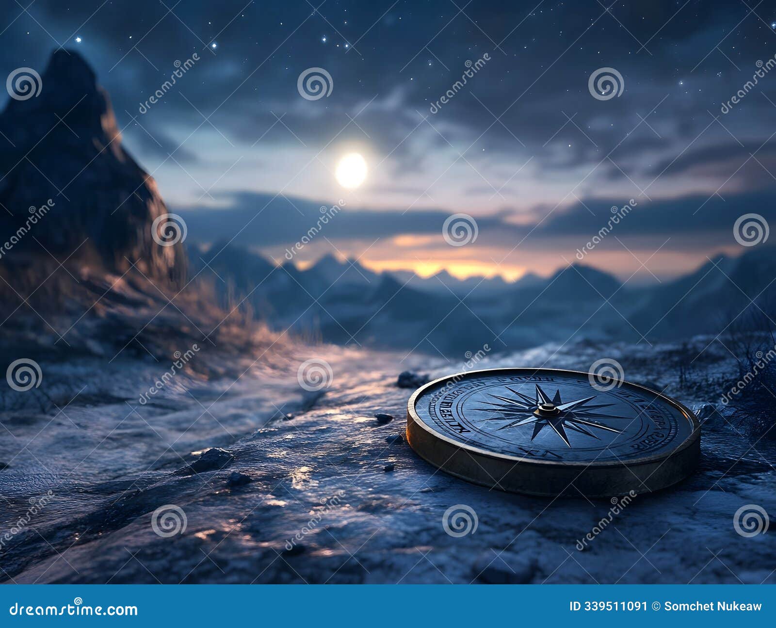 Compass on Rocky Terrain Under a Starry Night Sky Stock Illustration ...