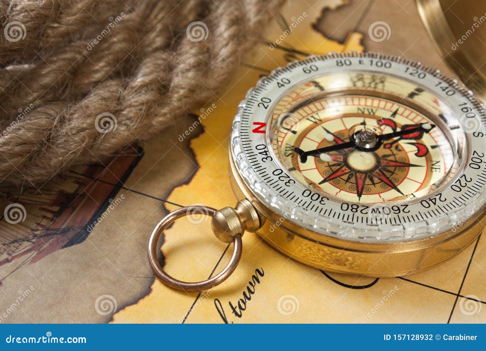 Compass and rope on map stock photo. Image of rope, explorer - 157128932
