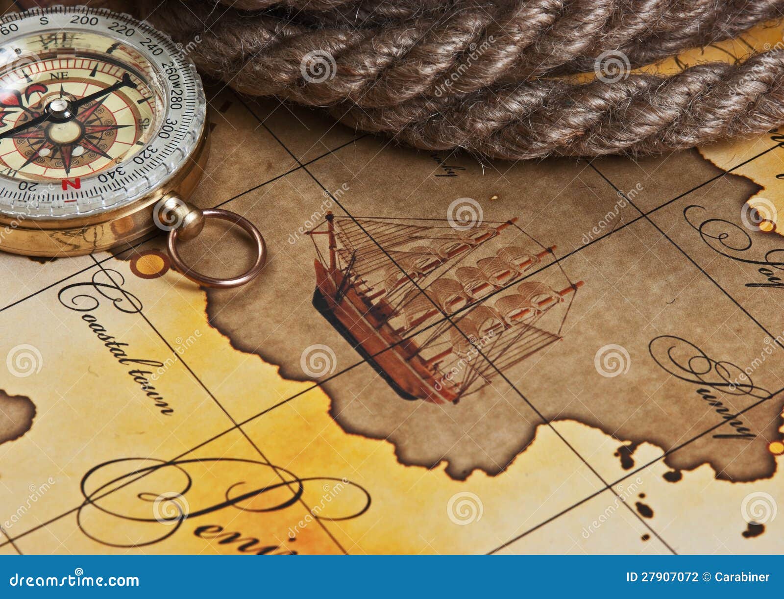 Compass and rope on map stock photo. Image of scout, east - 27907072