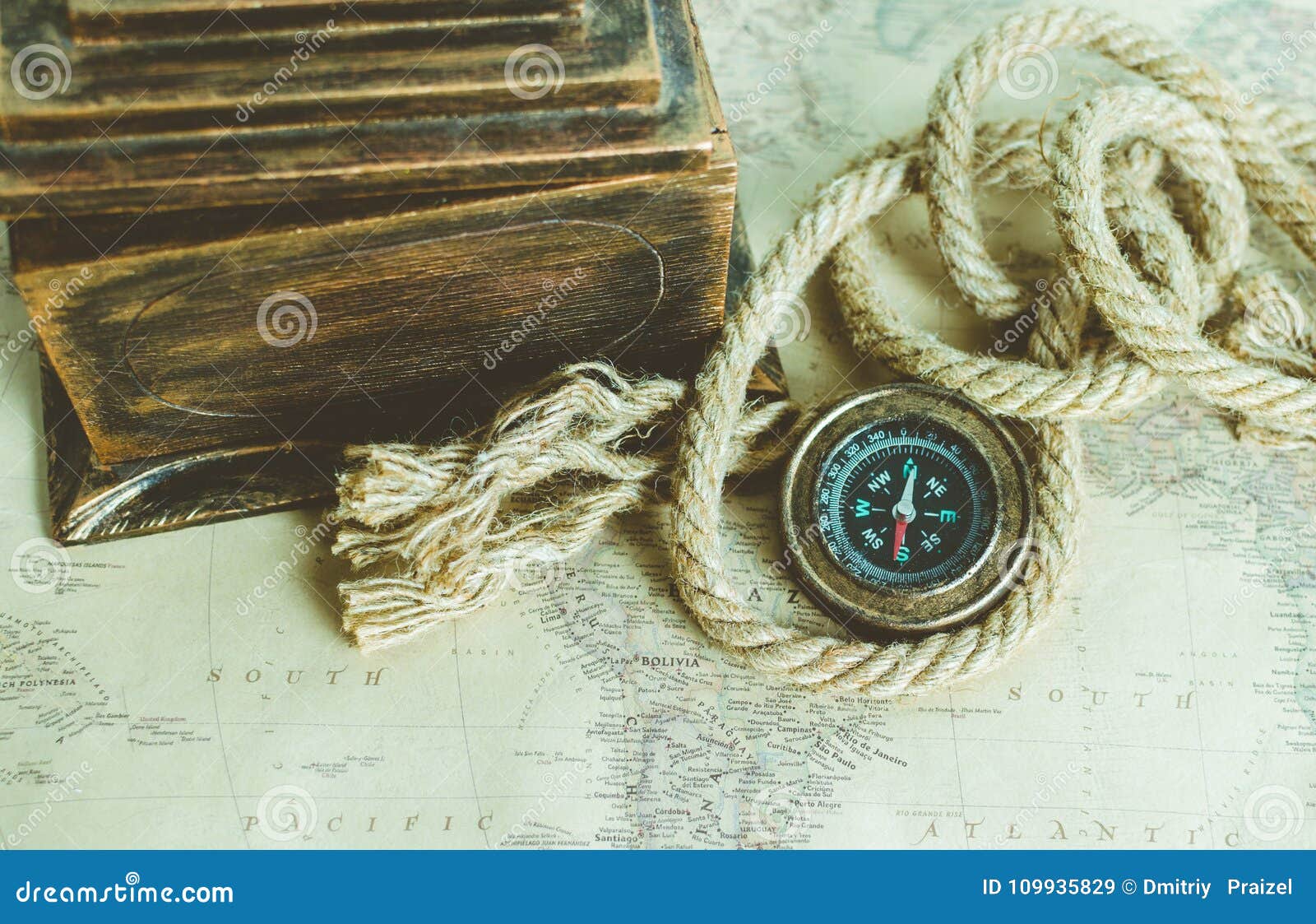 Compass, Rope and Old Box on the Map Stock Image - Image of vintage ...