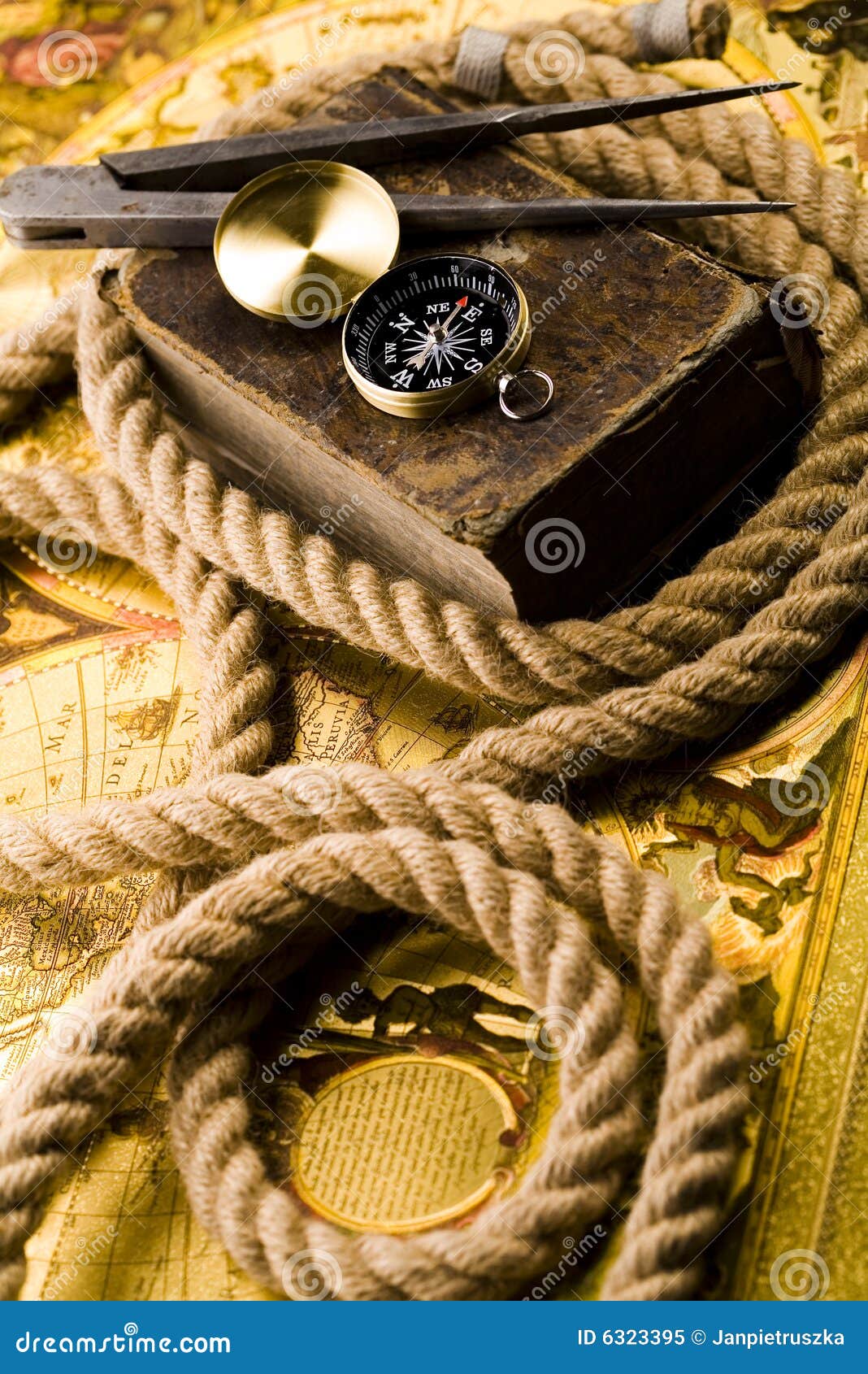 Compass & Rope & Old Map Stock Image - Image of communications, nation ...