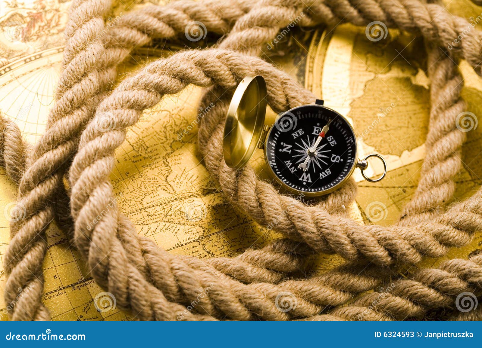 Compass & Rope and Old Map Stock Image - Image of americas, idea: 6324593