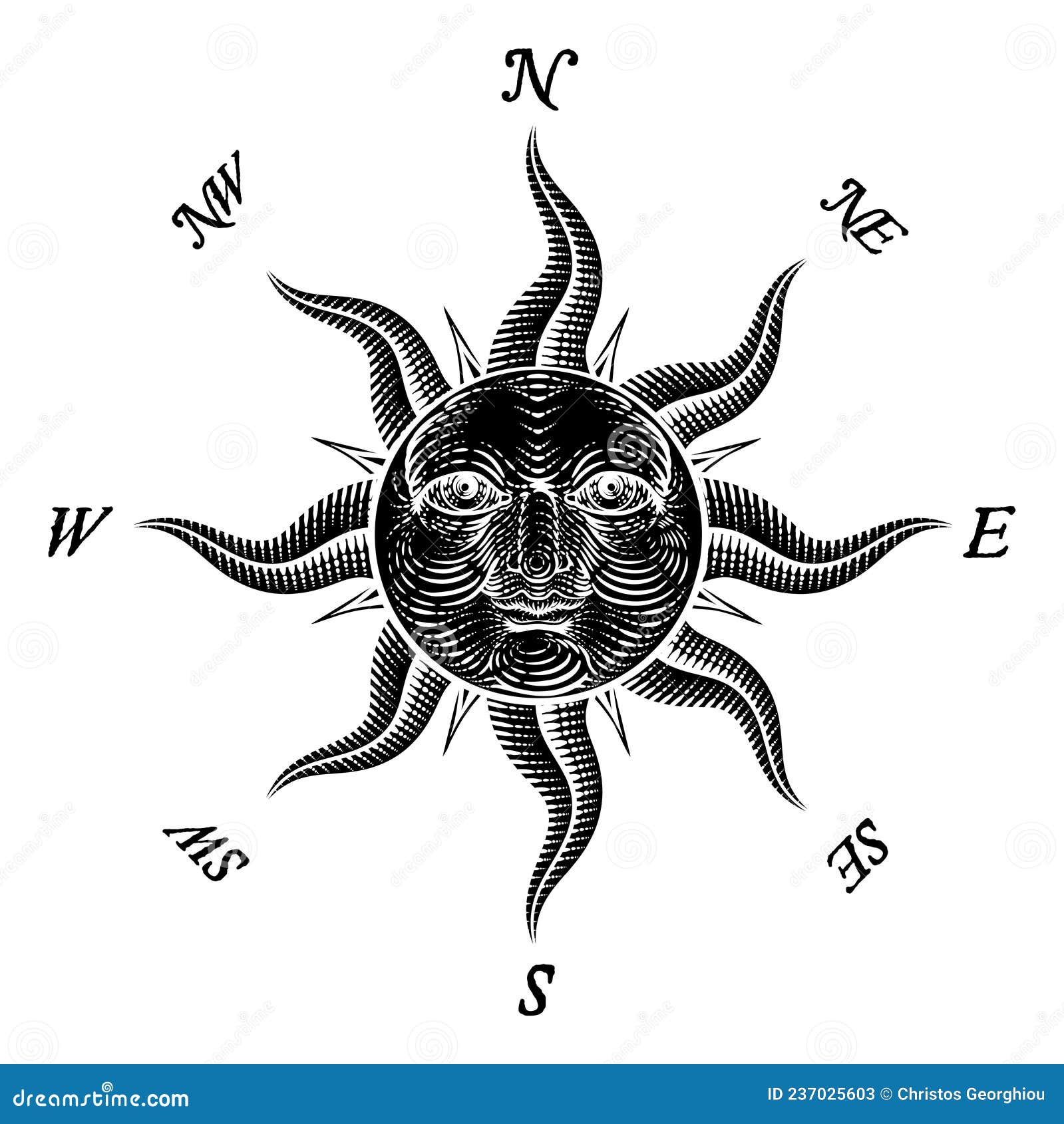 Compass Sun Face Etching Rose Woodcut Drawing Stock Vector ...