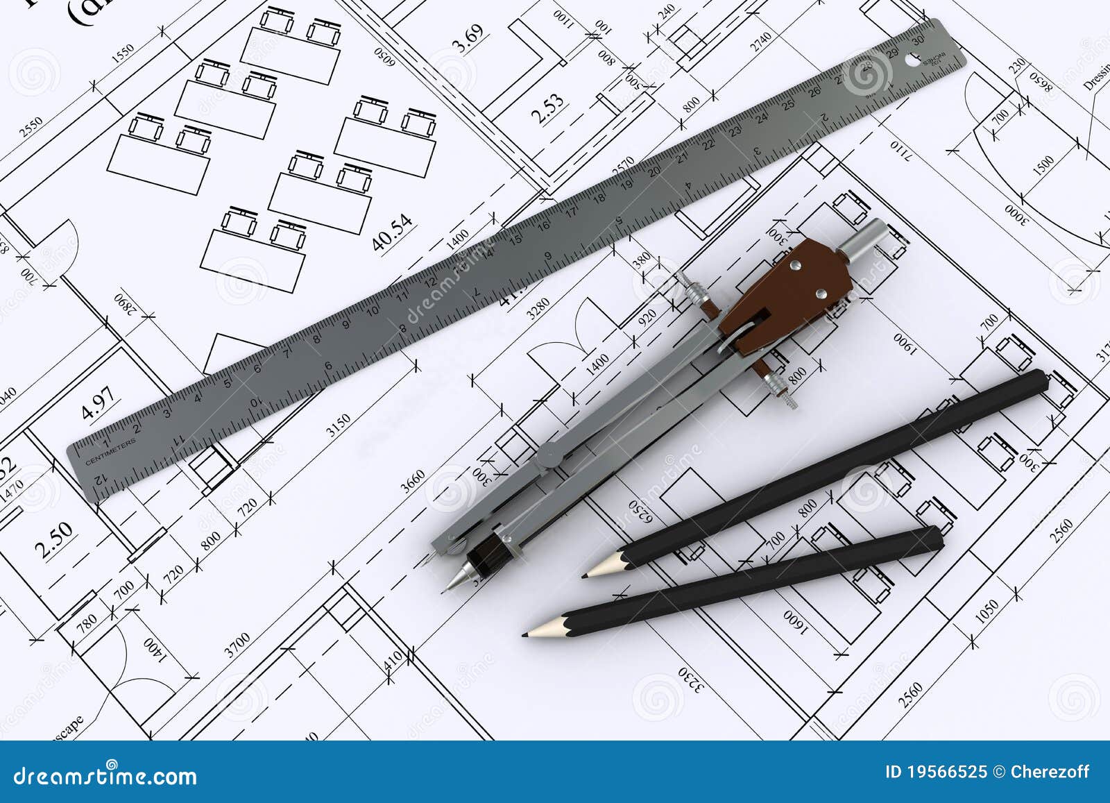 Compass, Ruler and Pencil on Architectural Drawing Stock Illustration ...