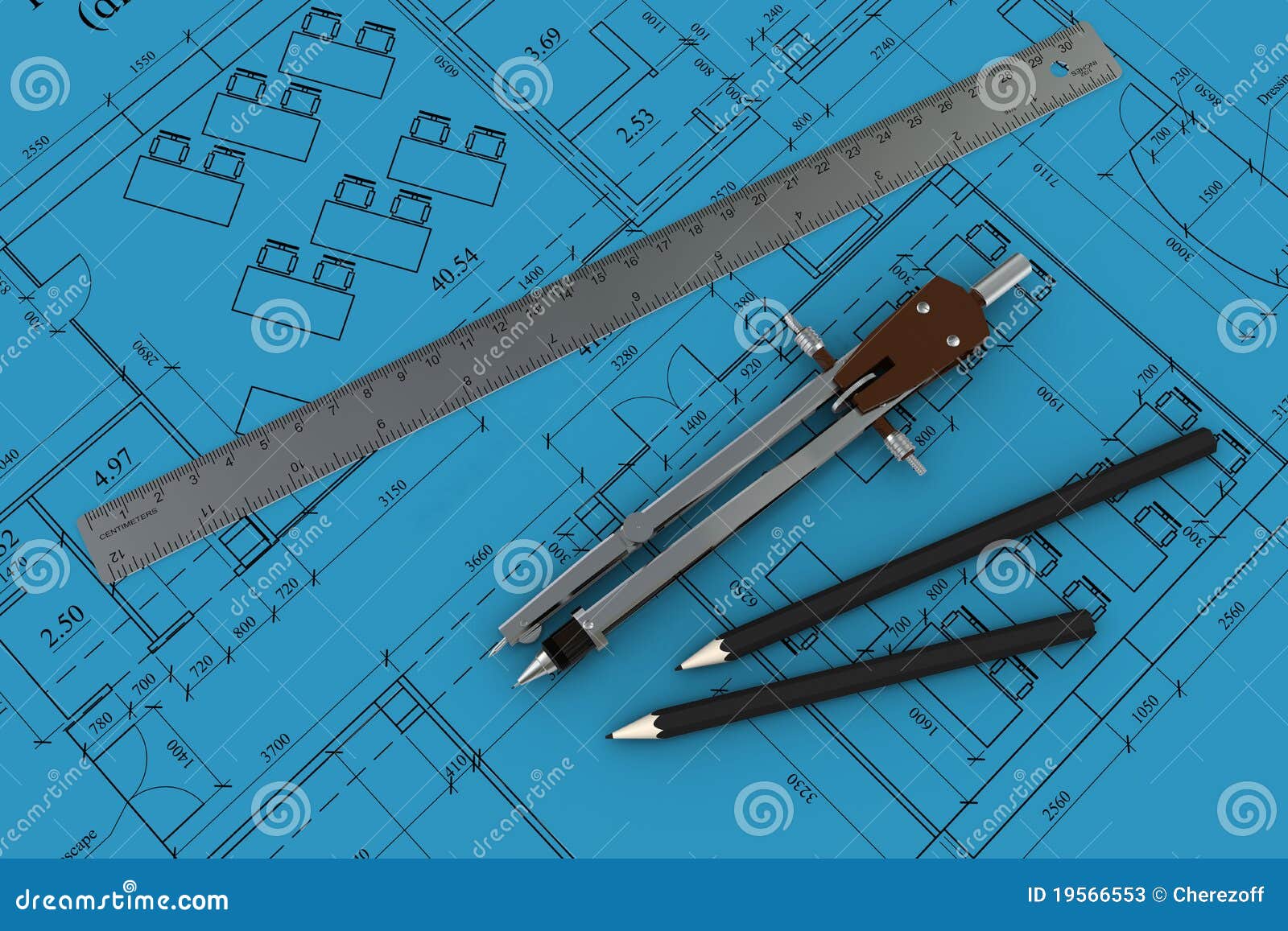 Compass, Ruler and Pencil on Architectural Drawing Stock Illustration ...