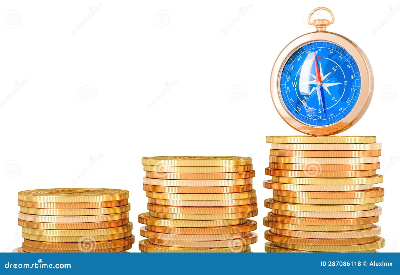 Compass with Stacks of Growing Gold Coins. 3D Rendering Stock ...