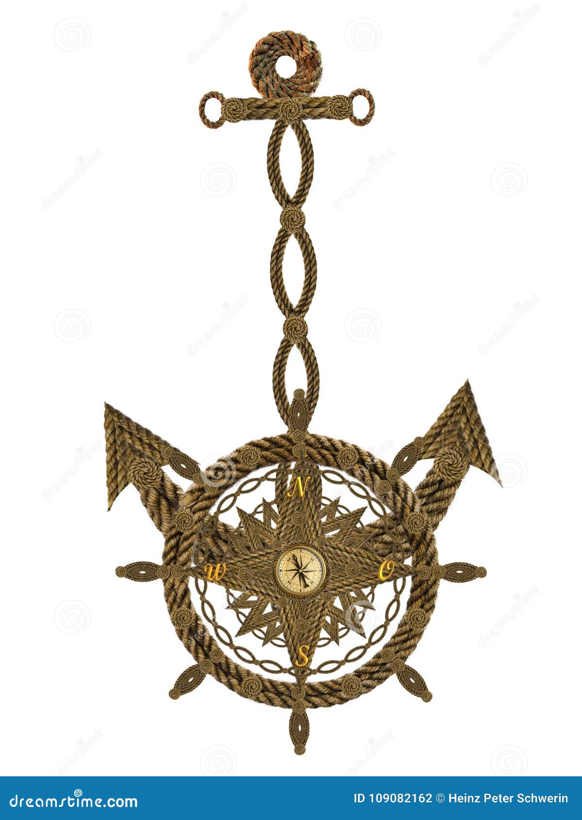 Compass Steering Wheel and Anchor Stock Illustration - Illustration of ...