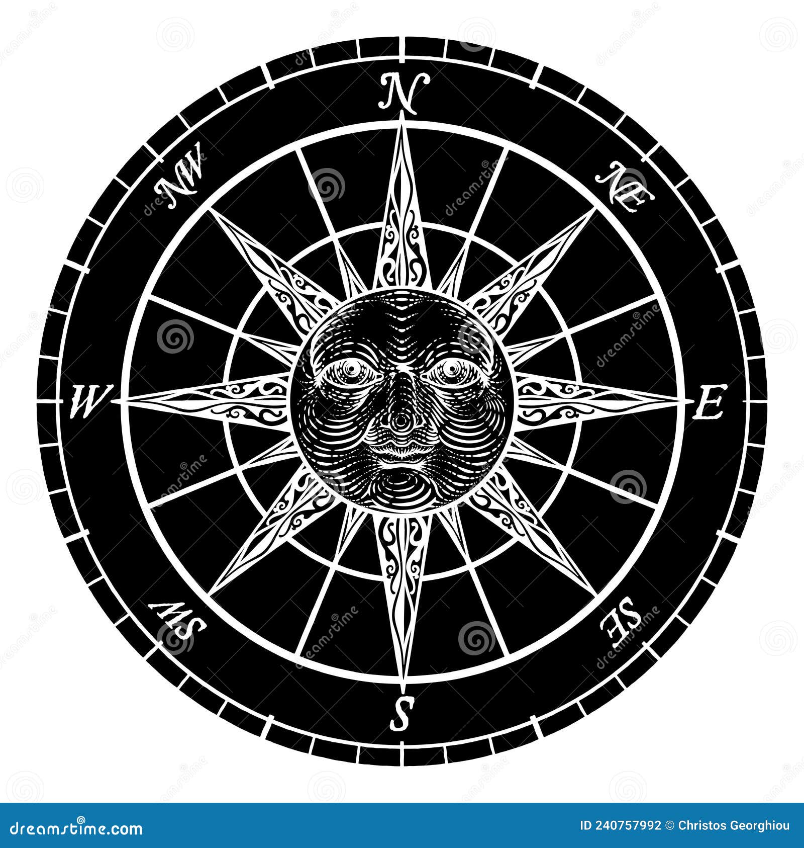 Compass Sun Face Etching Rose Woodcut Drawing Stock Vector ...