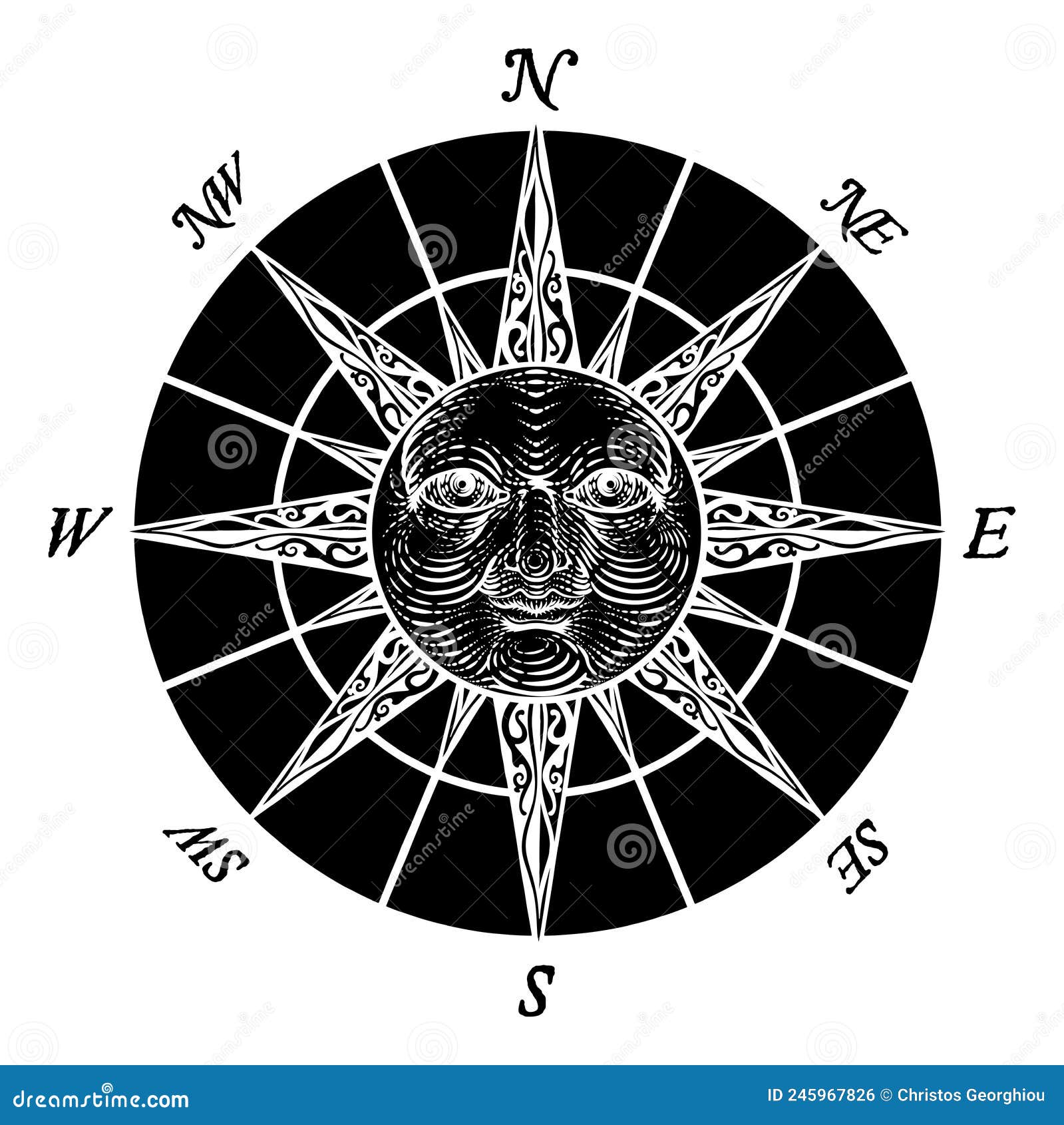 Compass Sun Face Etching Rose Woodcut Drawing Stock Vector ...