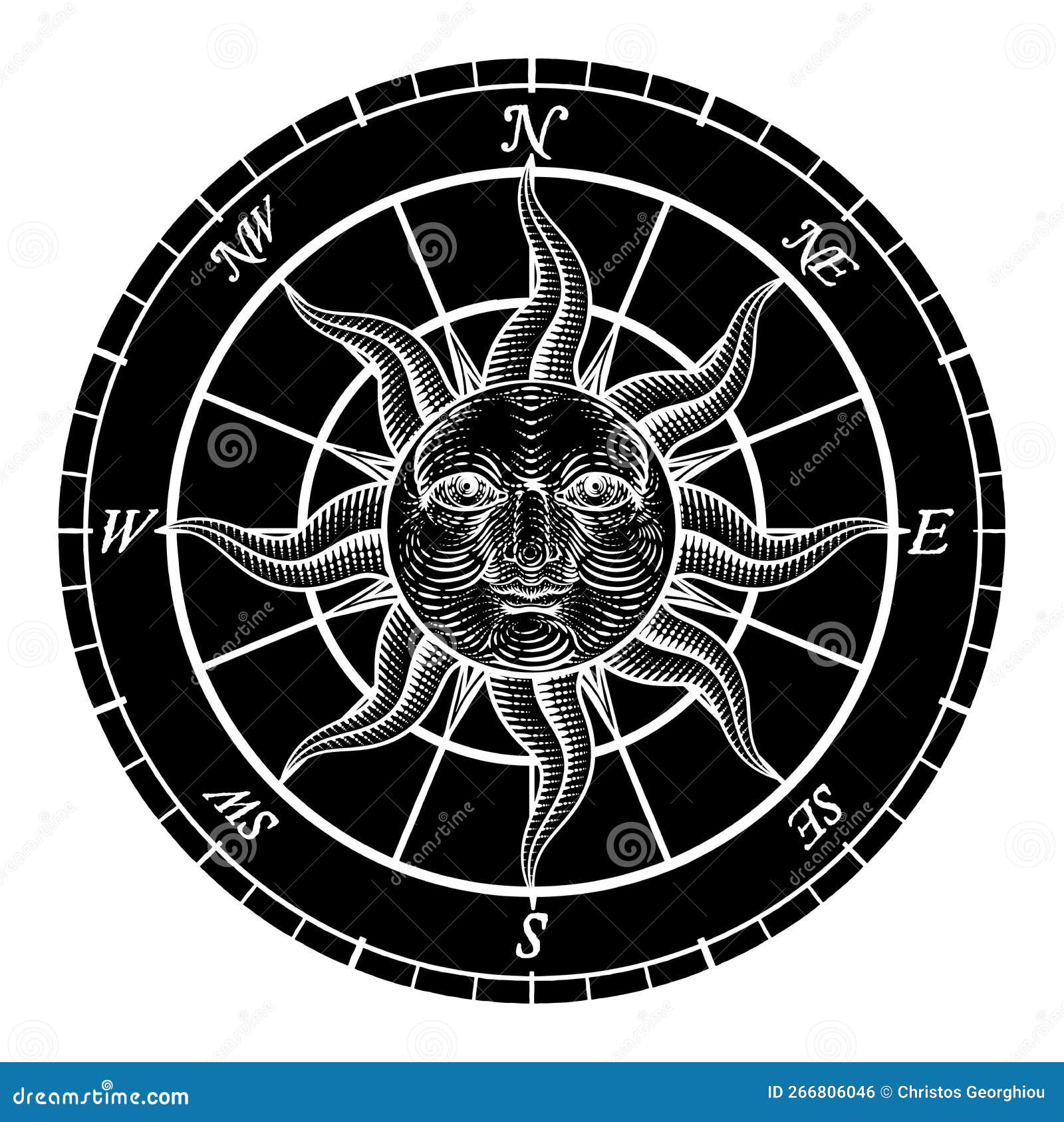 Compass Sun Face Etching Rose Woodcut Drawing Stock Vector ...