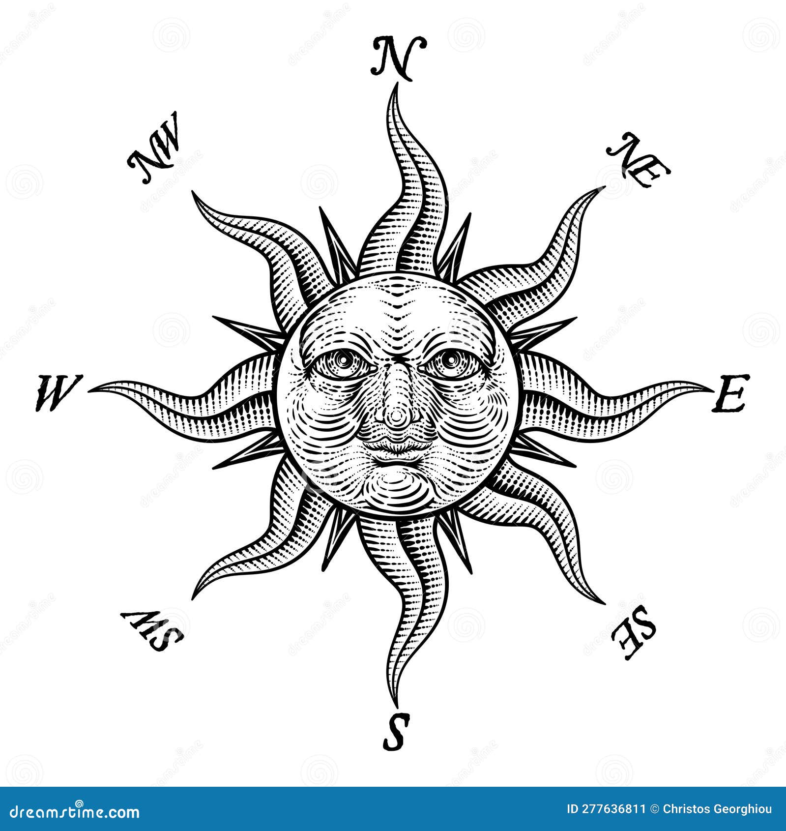 Compass Sun Face Etching Rose Woodcut Drawing Stock Vector ...