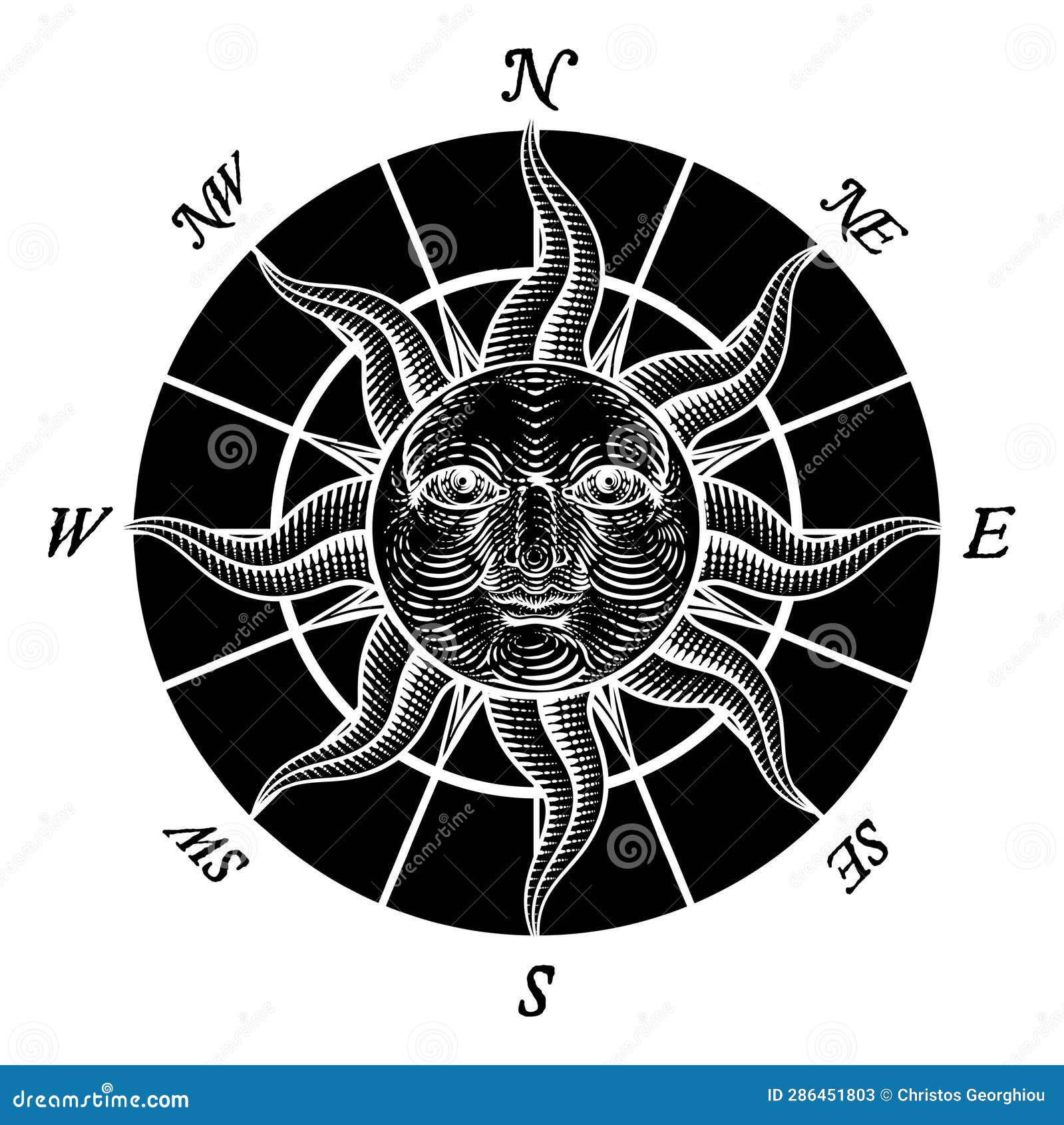 Compass Sun Face Etching Rose Woodcut Drawing Stock Vector ...