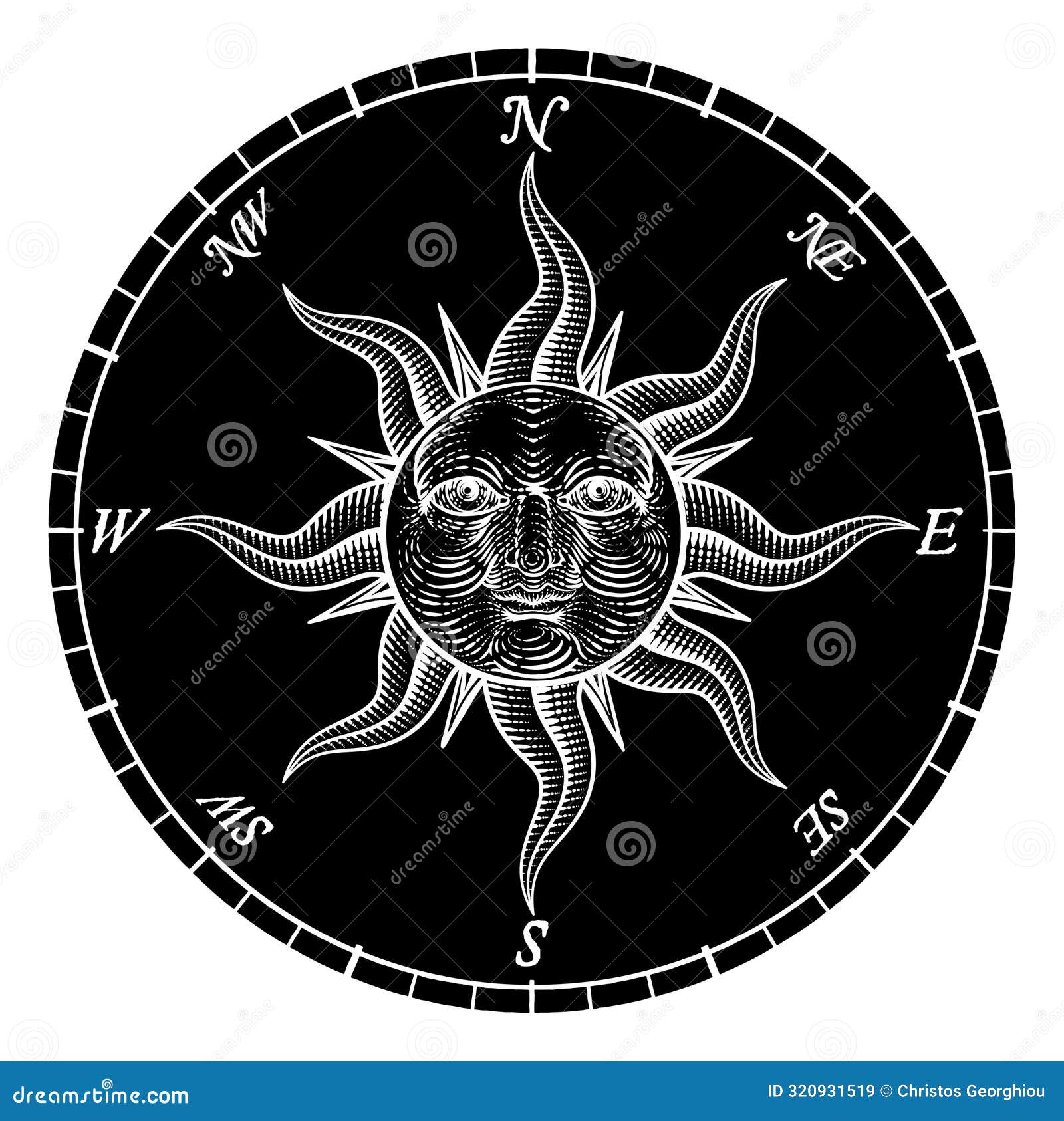 Compass Sun Face Etching Rose Woodcut Drawing Cartoon Vector ...