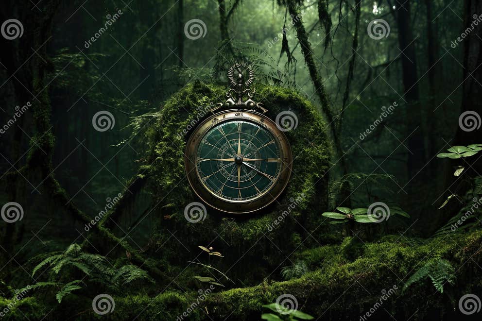 A Compass Superimposed on an Image of a Dense Forest Stock Photo ...