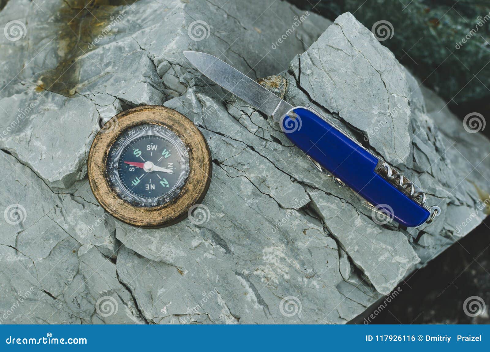Compass and Survival Knife on Granite Stone. Stock Photo - Image of ...