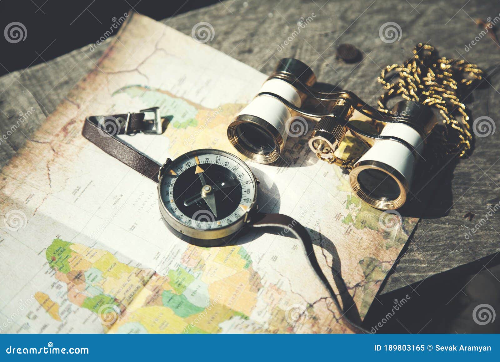 Compass and Telescope on Map Vintage Style Stock Image - Image of ...
