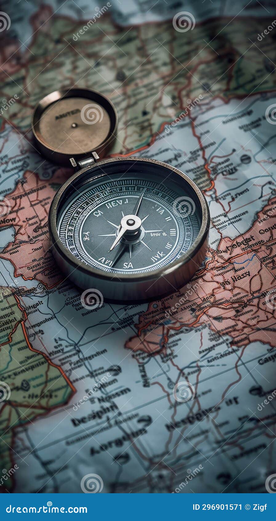 Compass on top of a map stock illustration. Illustration of longitude ...